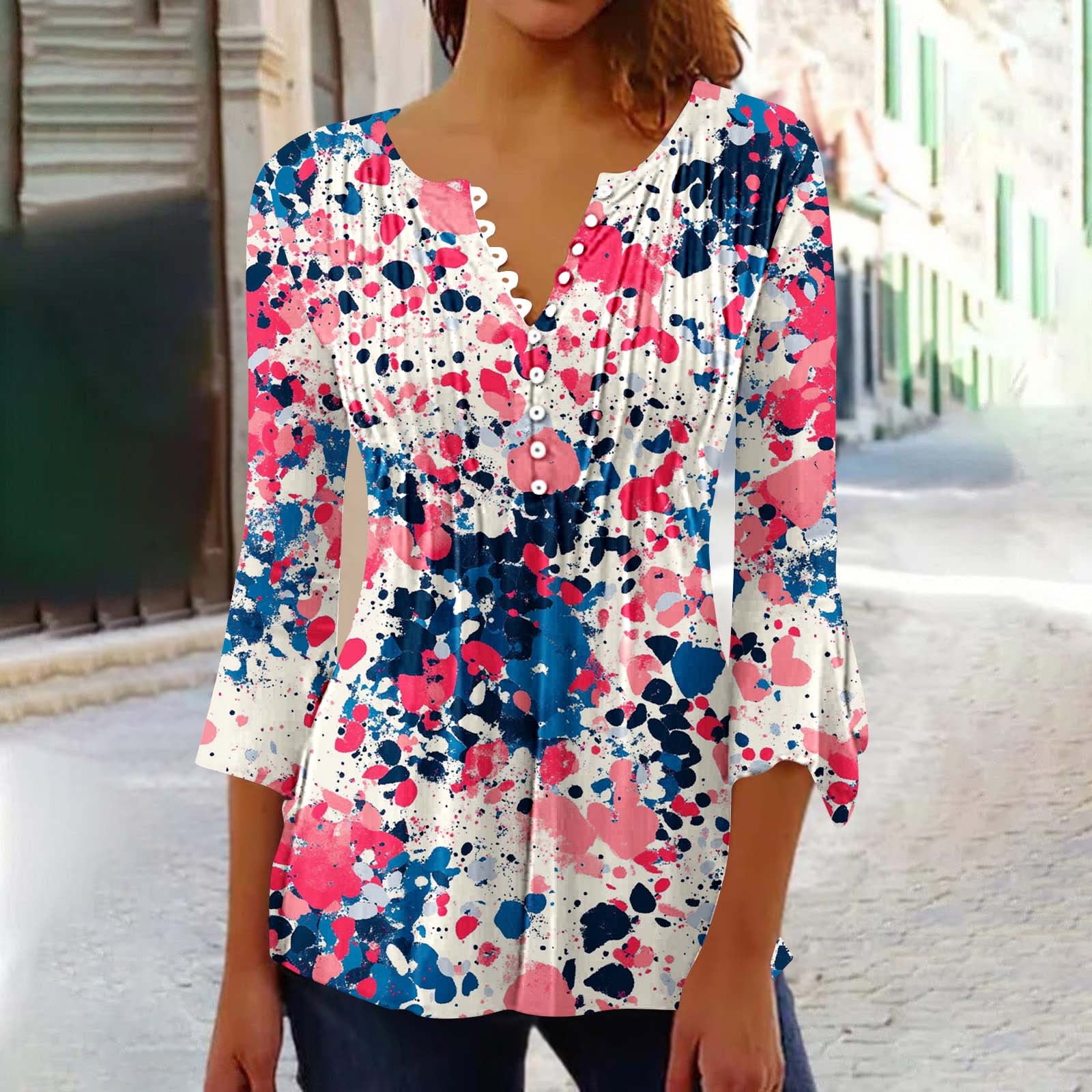 Zynviq V Neck Spring Tops for Ladies Button 3/4 Sleeve Pleated Floral ...