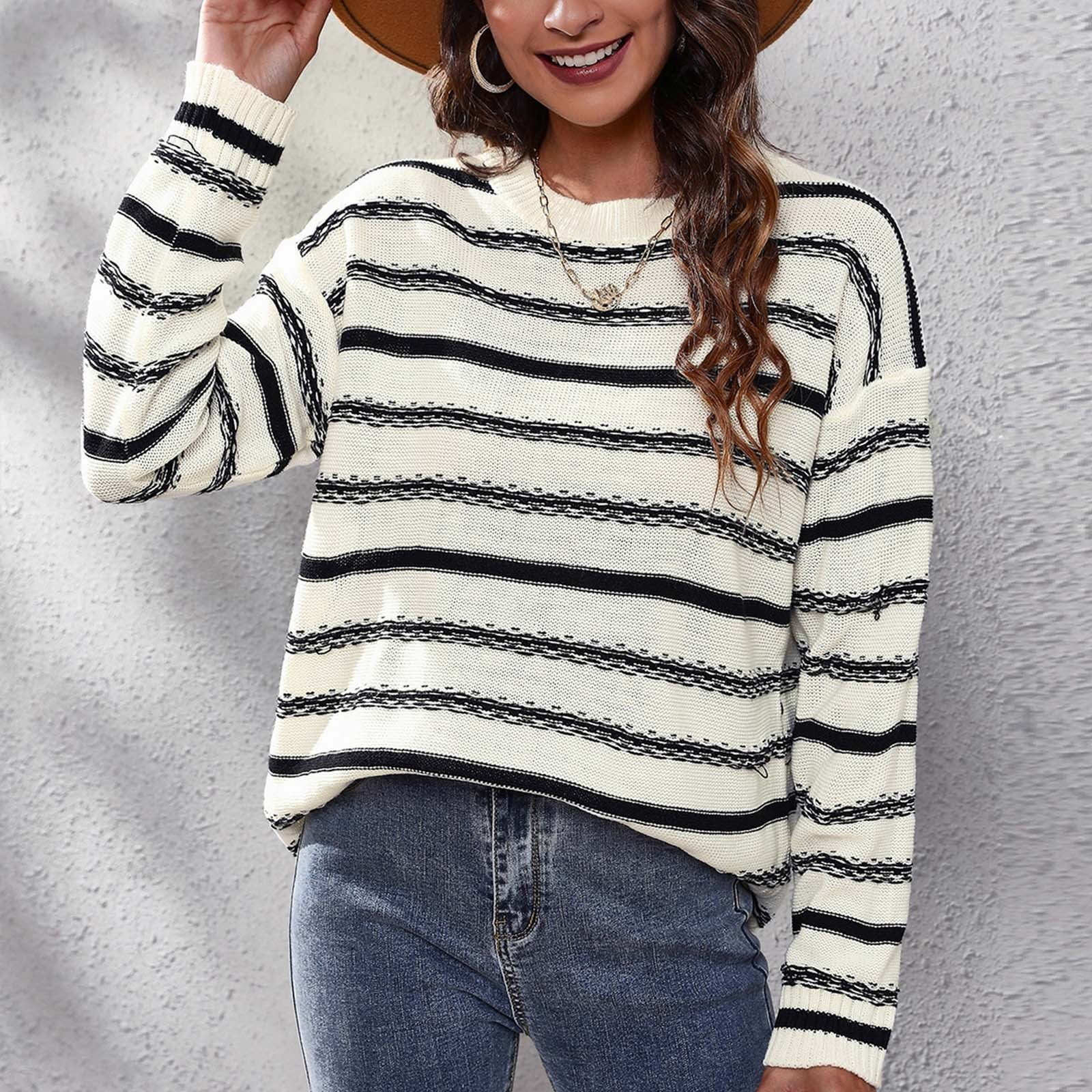 Zynviq Womens Sweaters Crew Neck Beige Pullover Long Sleeve Striped ...