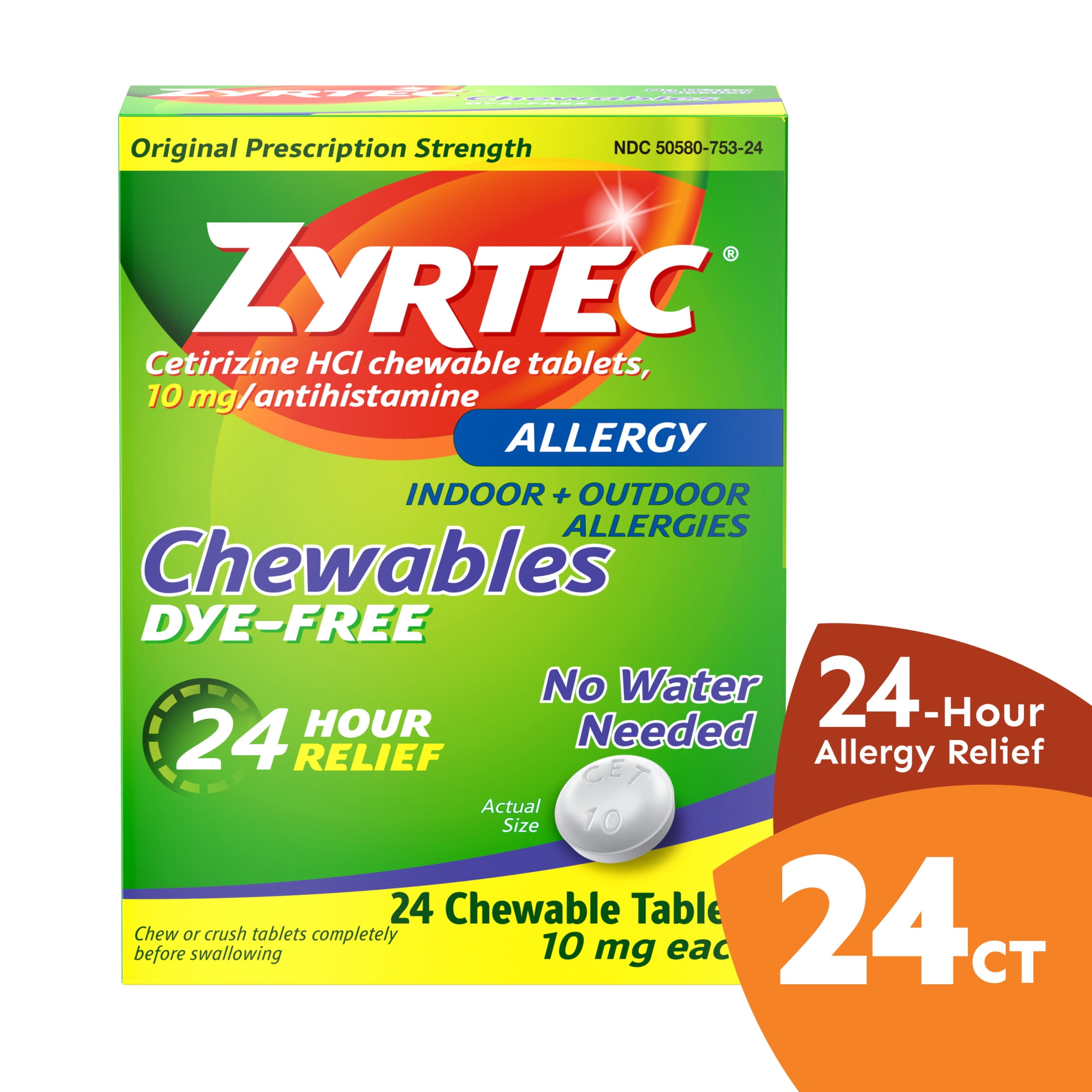Zyrtec 24 Hour Allergy Relief Chewables, 10 mg Cetirizine HCl, 24 Ct ...