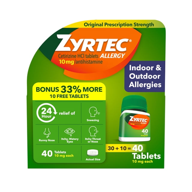 Zyrtec 24 Hour Allergy Relief Antihistamine Medicine Tablets with 10 mg ...
