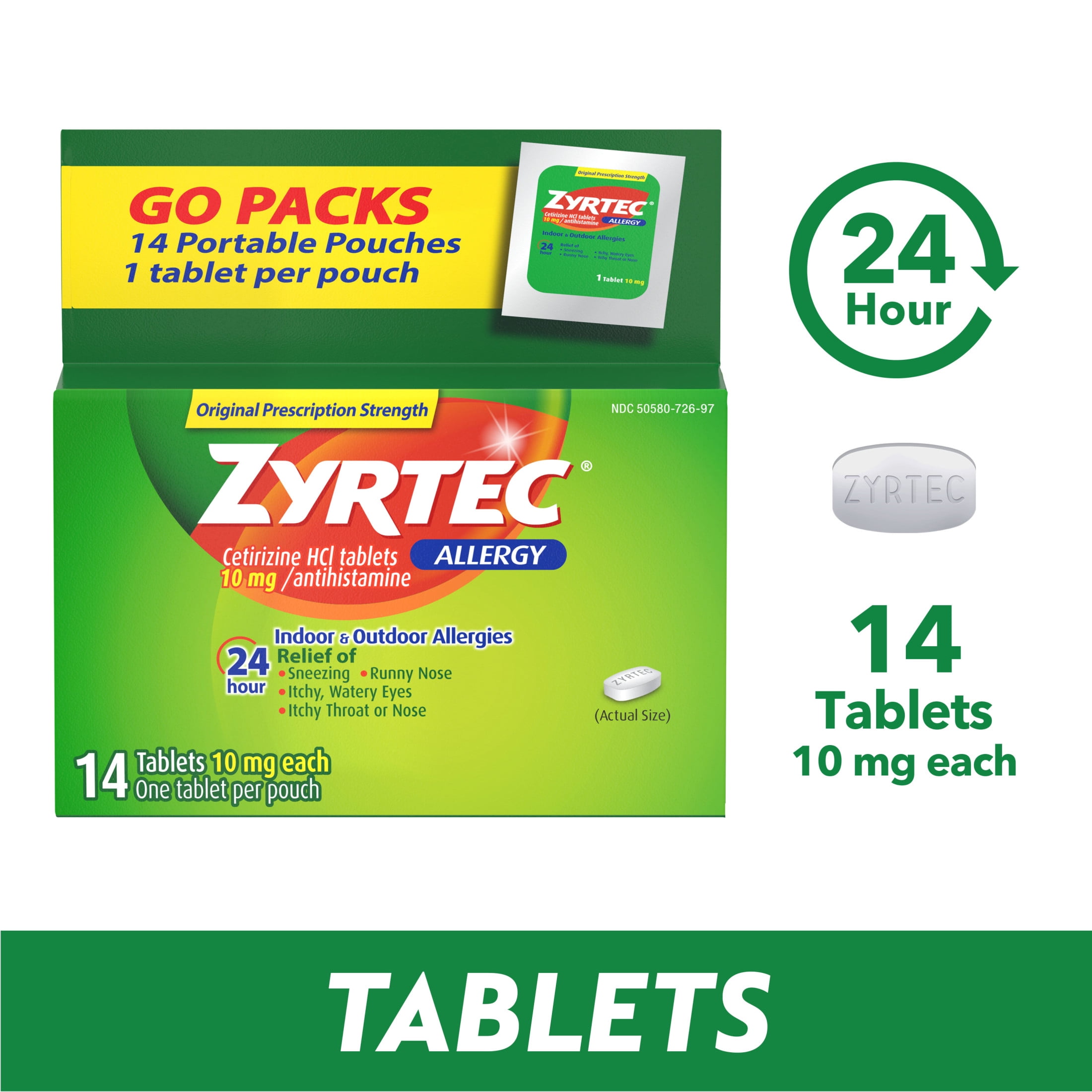 Zyrtec 24 Hour Allergy Relief Medicine, Anti-Histamine Adult Tabs ...
