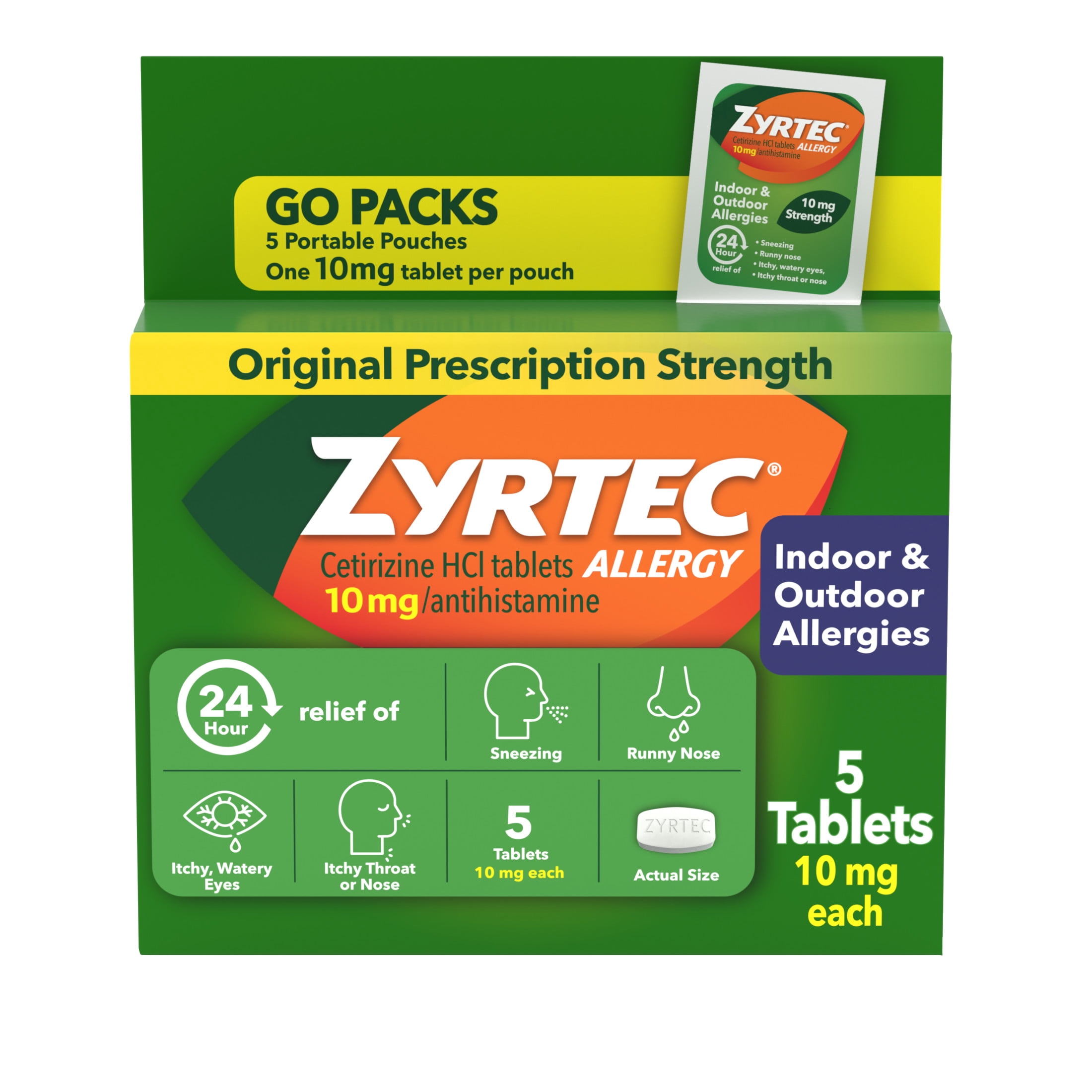 Zyrtec 24 Hour Cetirizine HCl Allergy Relief Tablets, 5 x 1 Count Packs ...