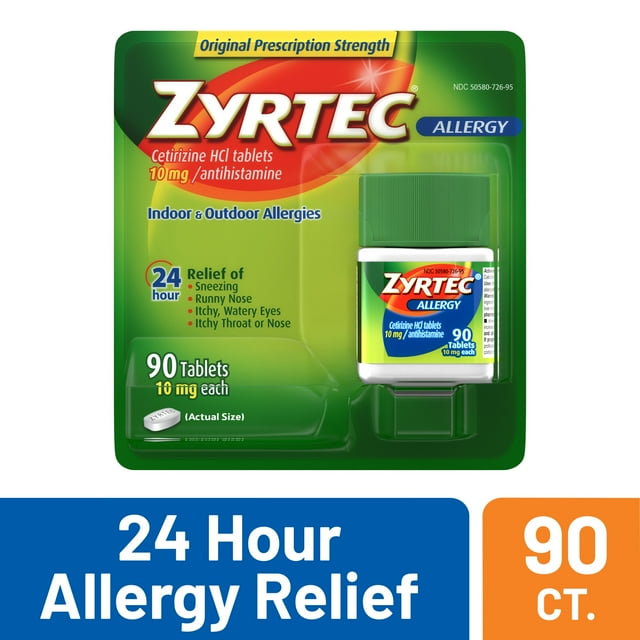 Zyrtec 24 Hour Allergy Relief Tablets with 10 mg Cetirizine HCl, 90 Ct ...