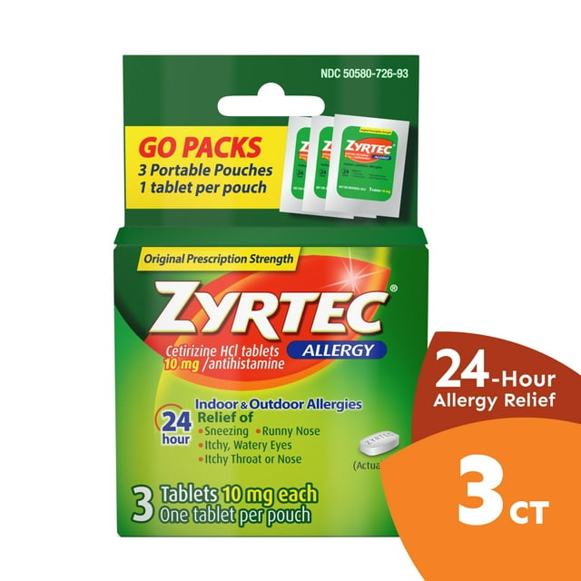 Zyrtec 24 Hour Allergy Tablets with Cetirizine HCl, Travel Size, 3 ct ...