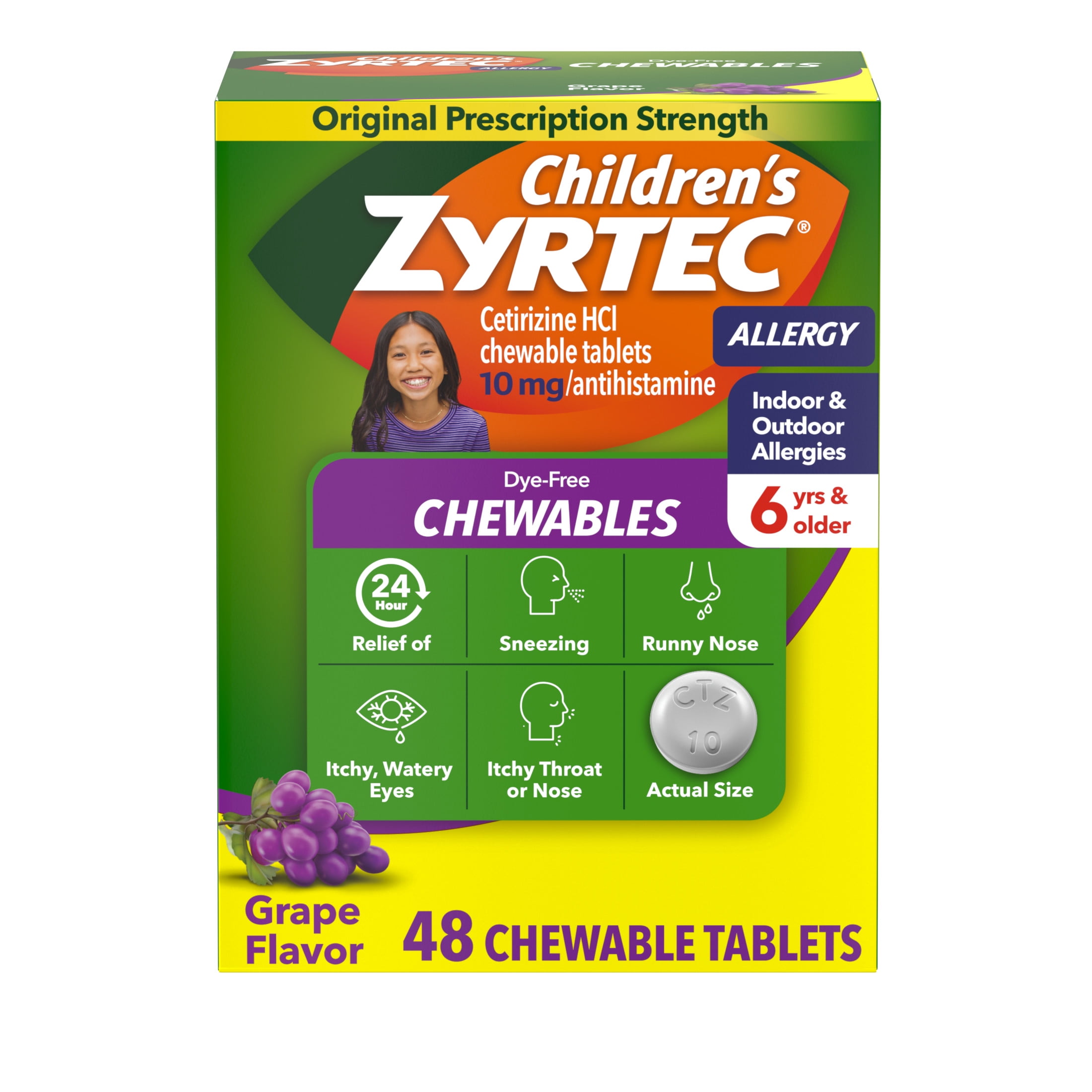 Zyrtec 24 Hour Children's Allergy Chewable Tablets, Grape, 48 Ct ...