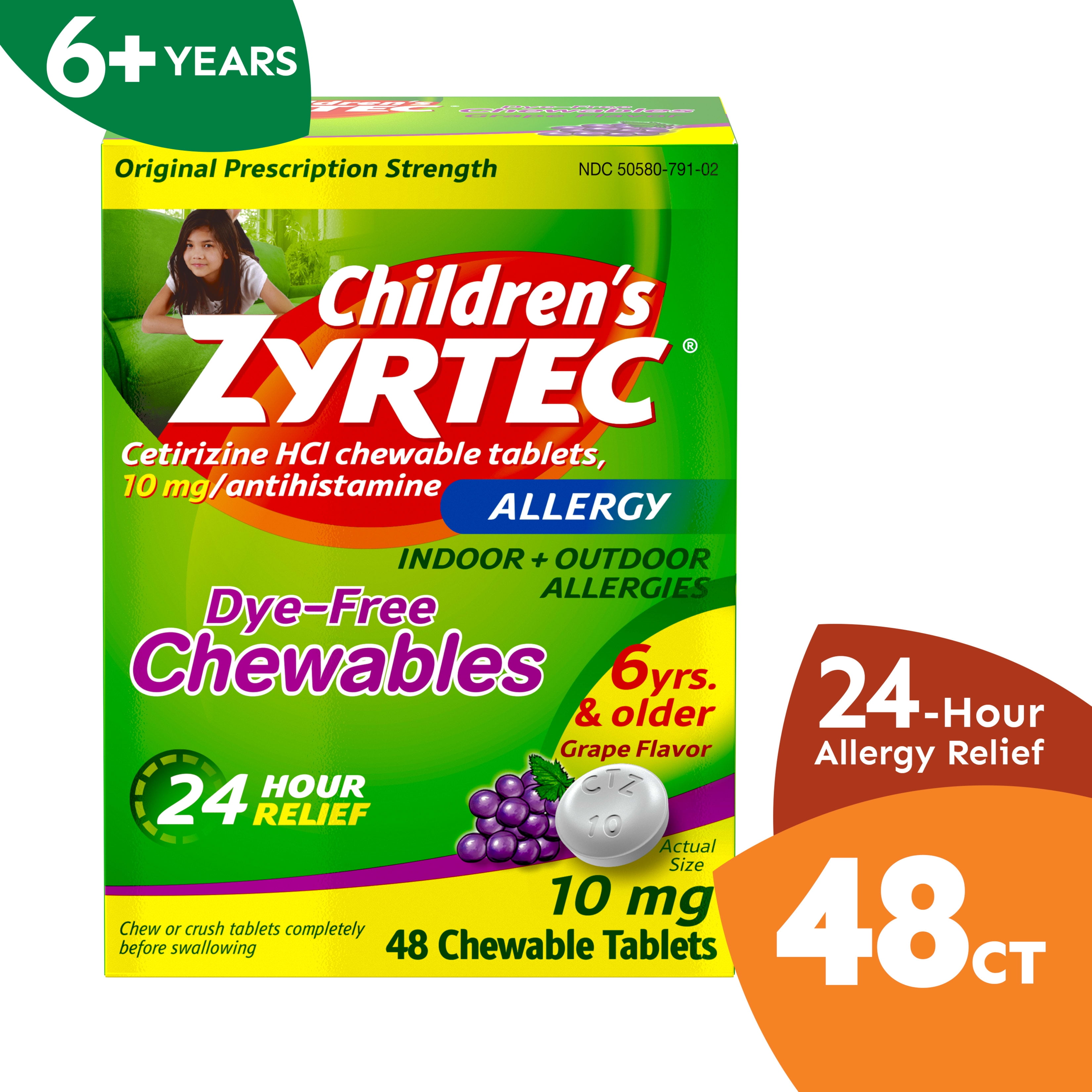 Zyrtec 24 Hour Children's Allergy Chewable Tablets, Grape, 48 ct ...