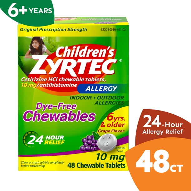 Zyrtec 24 Hour Children's Allergy Chewable Tablets, Grape, 48 ct ...