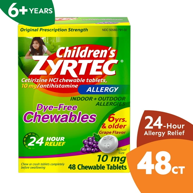 Zyrtec 24 Hour Children's Allergy Chewable Tablets, Grape, 48 ct ...