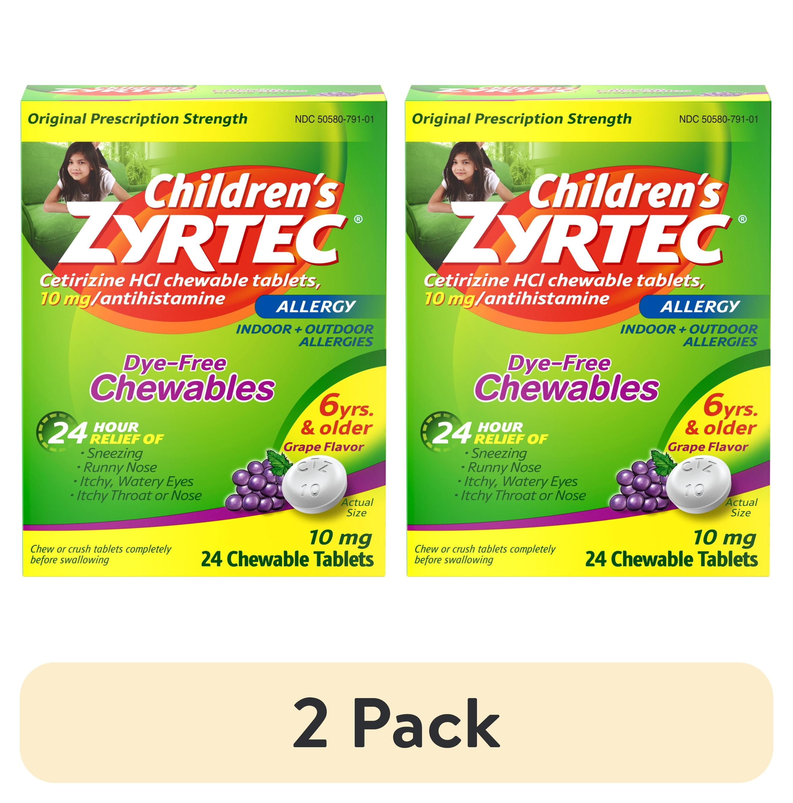 (2 pack) Zyrtec 24 Hour Children's Allergy Chews, 6+ yrs, 10 mg Grape ...