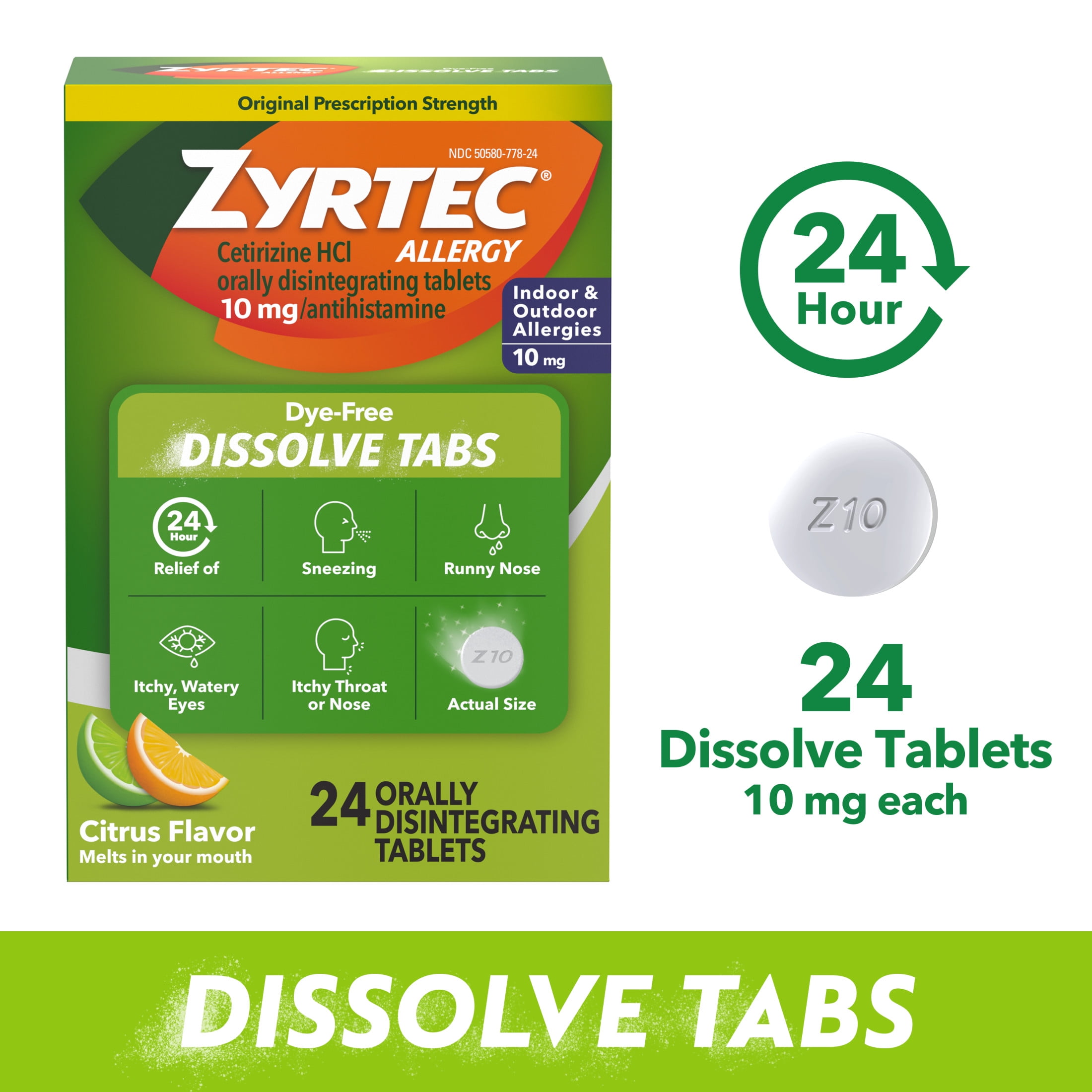 Zyrtec Allergy Dissolve Tablets, 10 mg Cetirizine HCl, Citrus, 24 Count ...