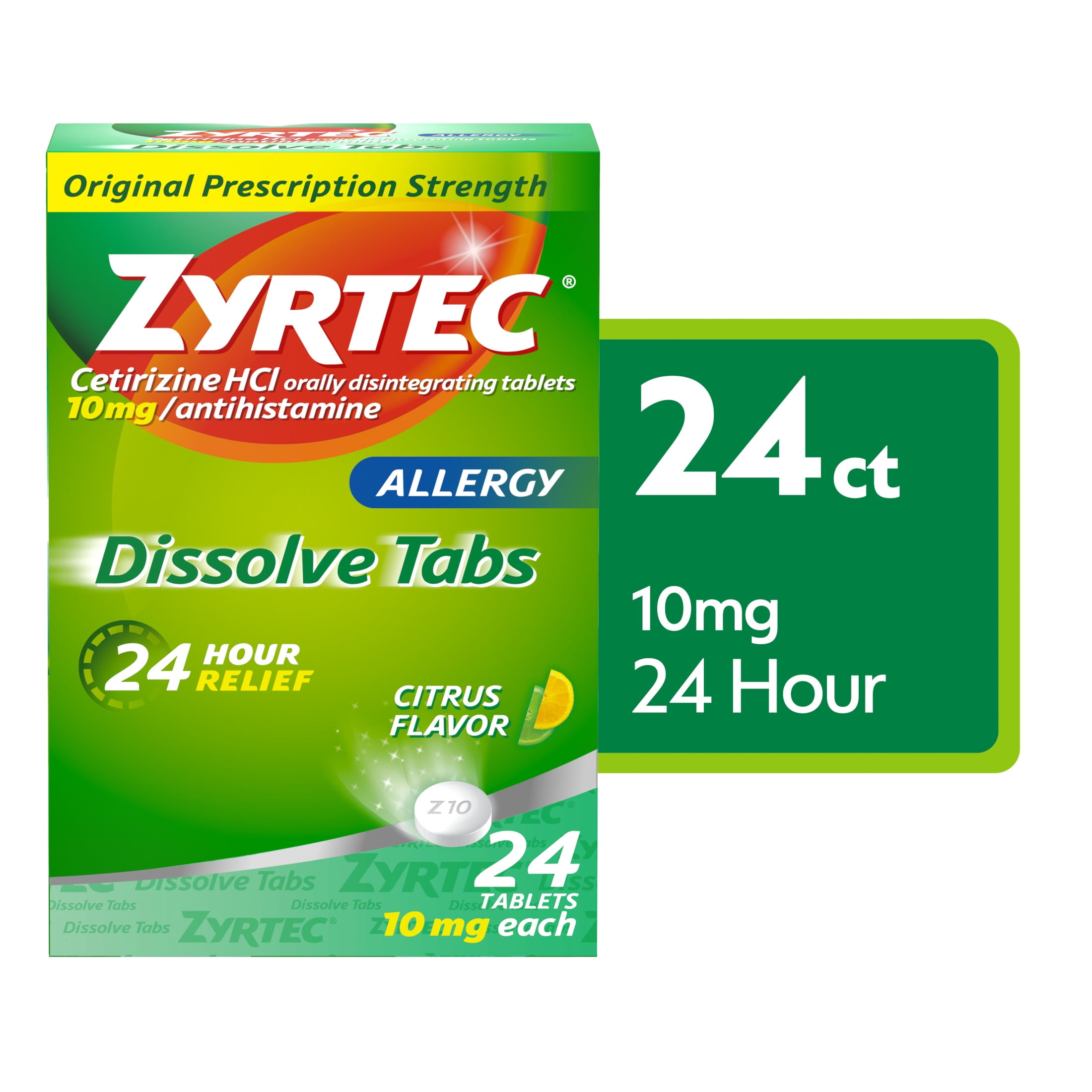 Zyrtec Allergy Dissolve Tablets, Cetirizine HCl, Citrus Flavor, 24 Ct ...