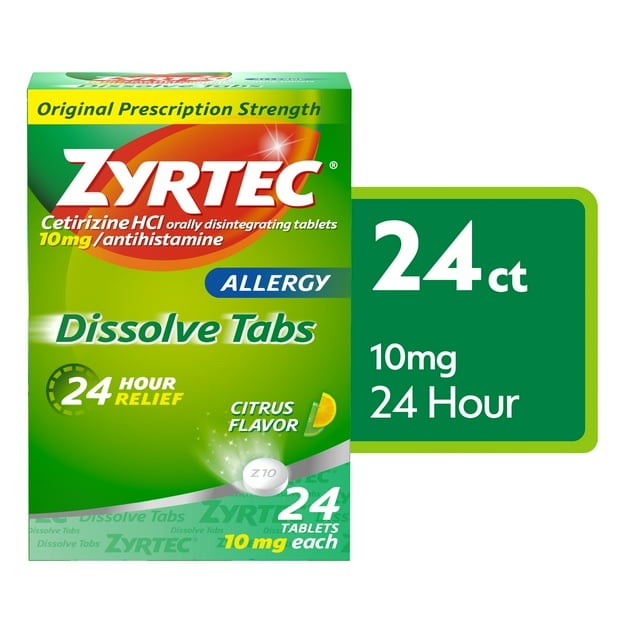 Zyrtec Allergy Dissolve Tablets, Cetirizine HCl, Citrus Flavor, 24 Ct - Walmart.com