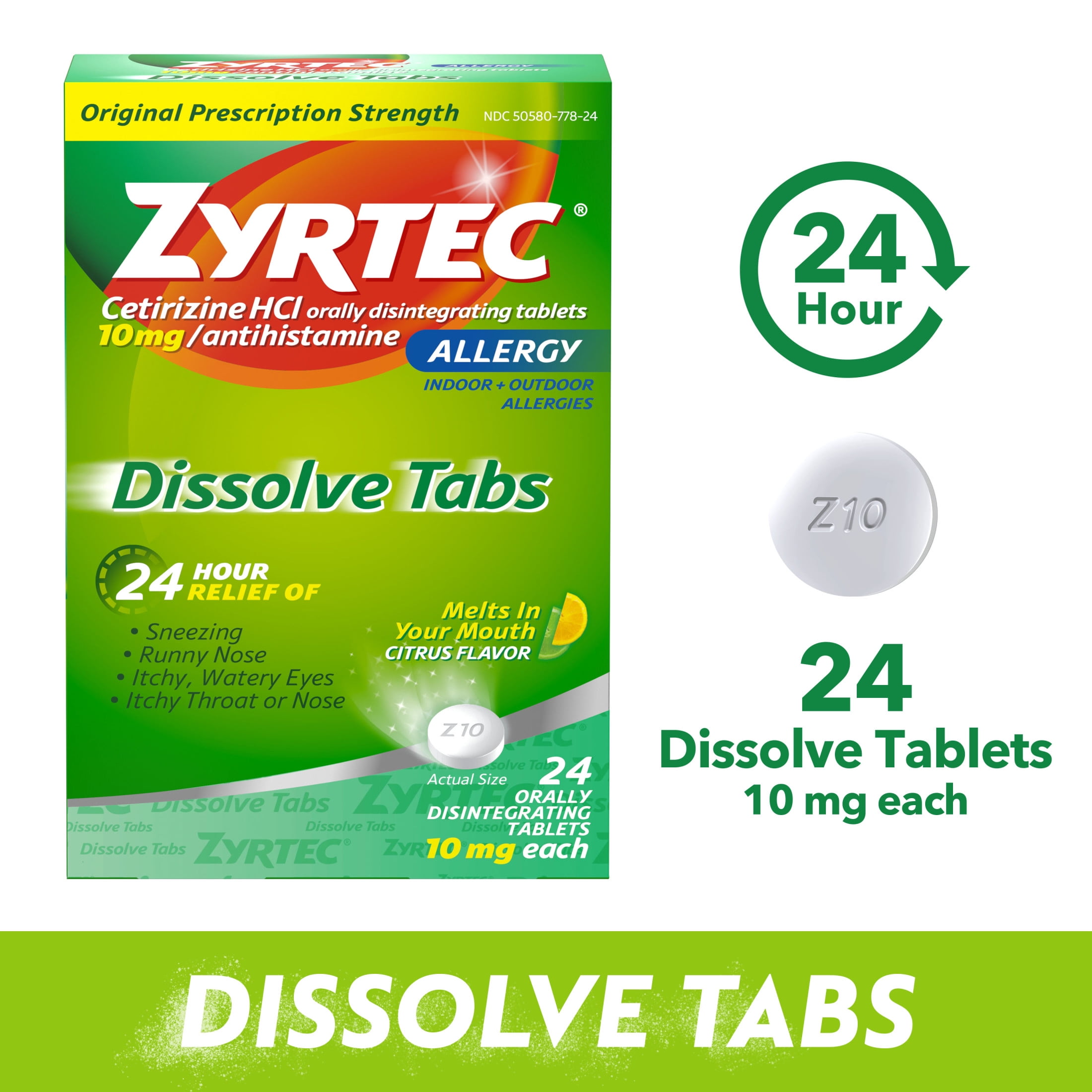 Zyrtec Allergy Relief Dissolve Tablets, Antihistamine Hydrochloride ...