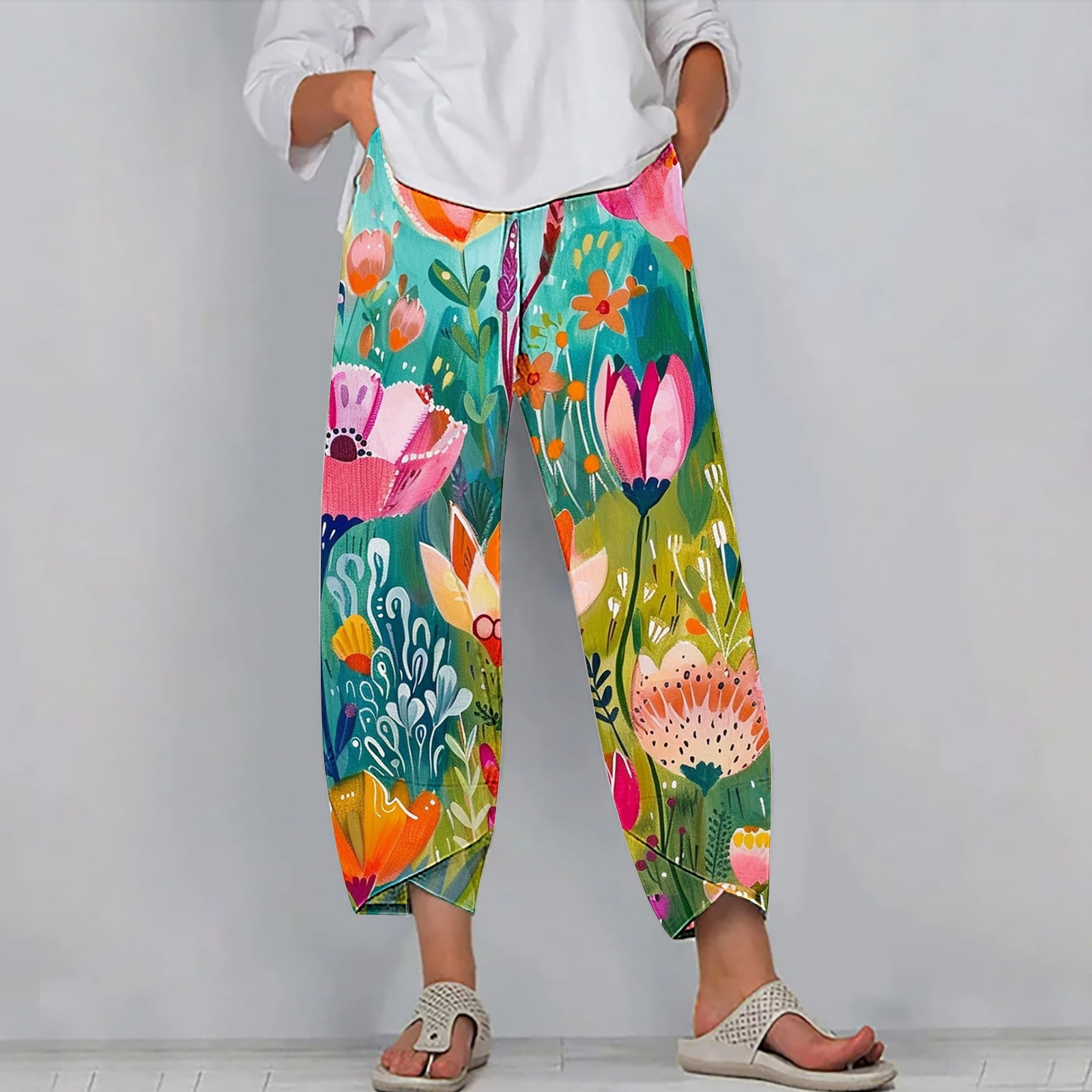 Zysthvn Capri Pants for Women Plus Size Boho Floral Casual Wide Leg ...
