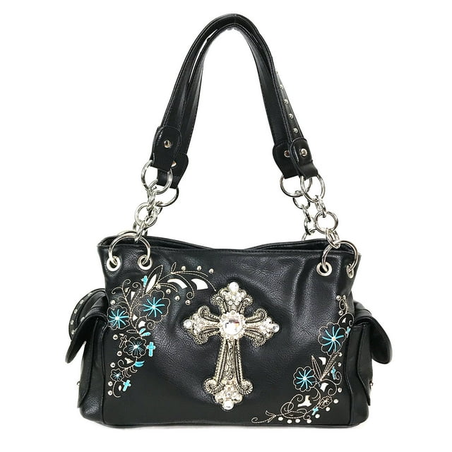 Zzfab Rhinestone Cross Embroidered Floral Western Handbag Black ...