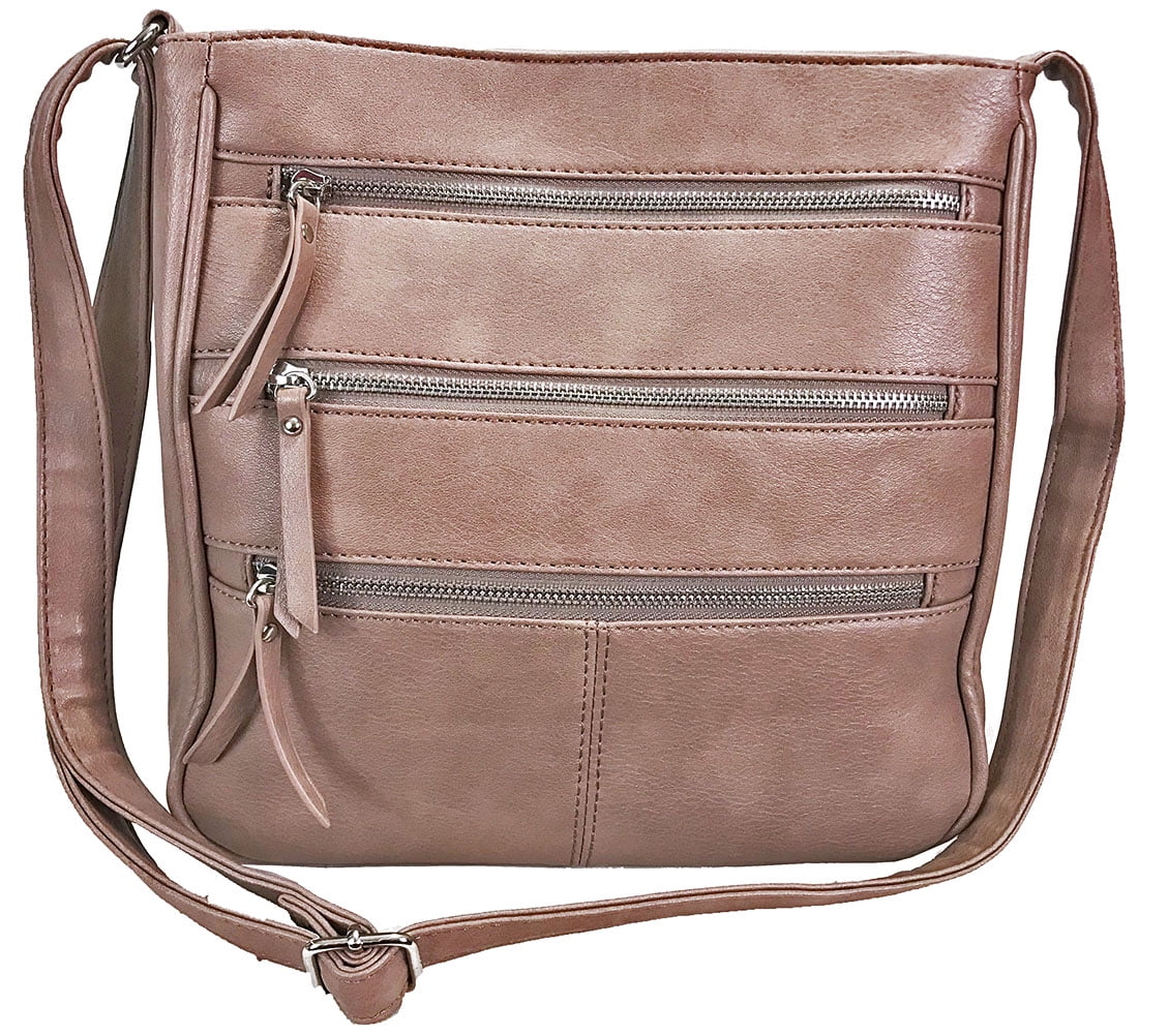 Zzfab Triple Zipper Locking Faux Leather Crossbody Bag Mauve - Walmart.com