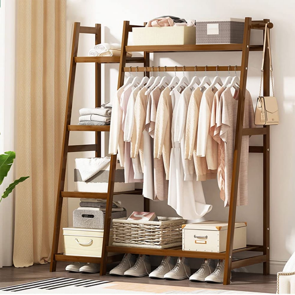Zzibqs Bamboo Ladder Clothing Rack with Shelves,Max Load 200LBS,43.3"L ...