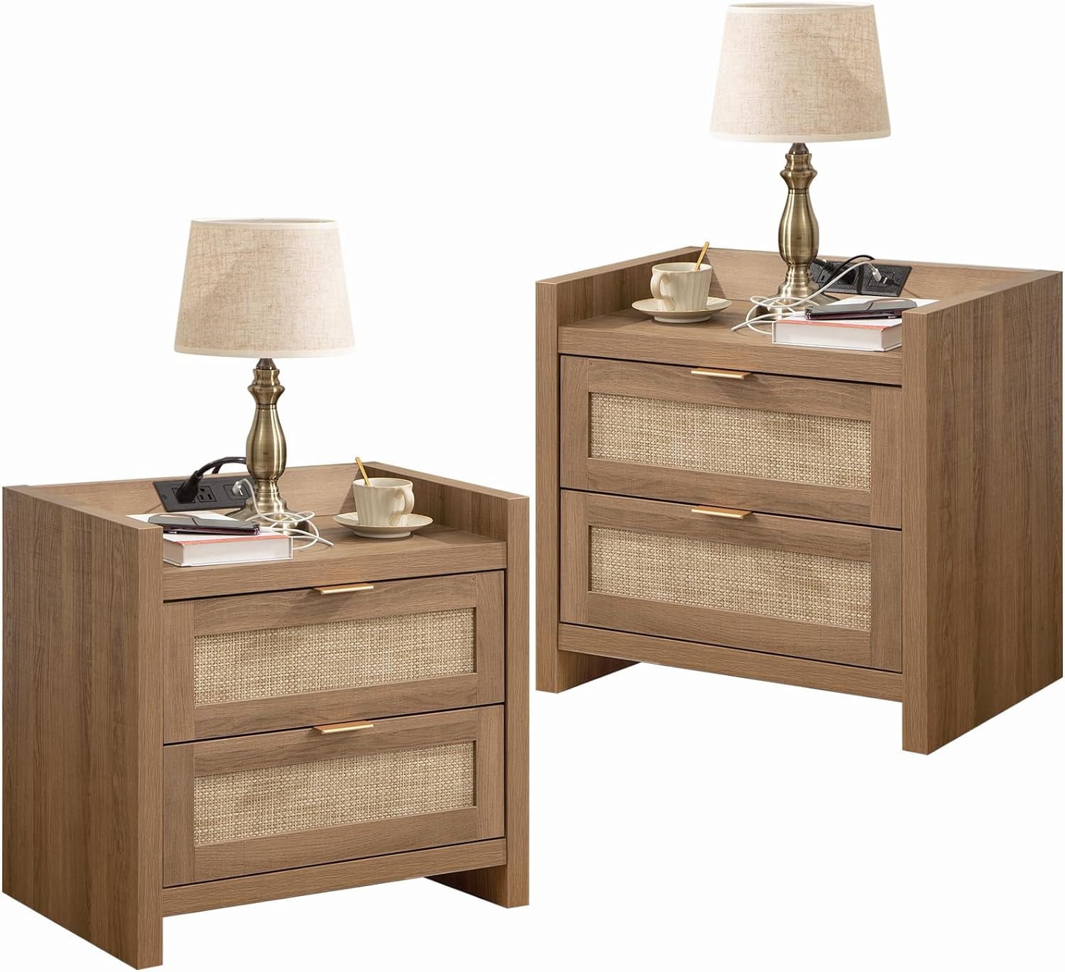 Zzistar 2 Piece Night Stand , Rattan Nightstands with Type-C Charging ...