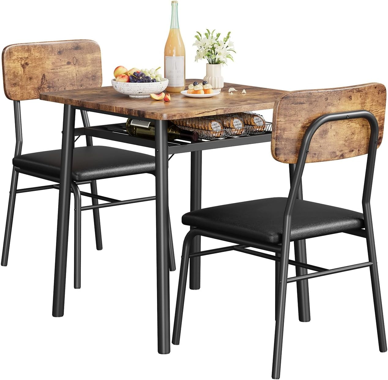 Zzistar 3-Piece Dining Table Set for 2 with Storage Rack, Wood Kitchen ...