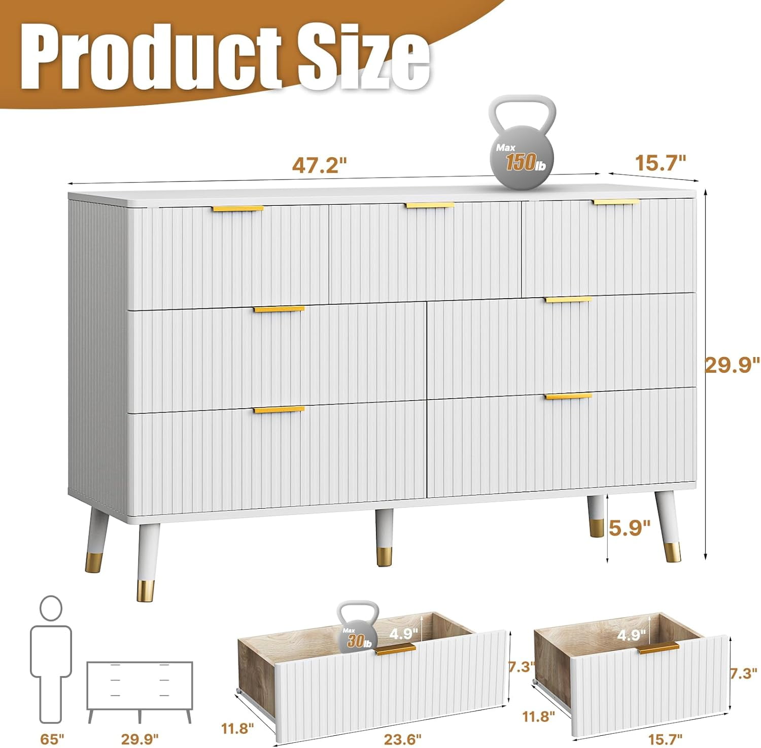 Zzistar 7 Drawer Dresser , Fluted Cabinet with Curved Profile Design ...