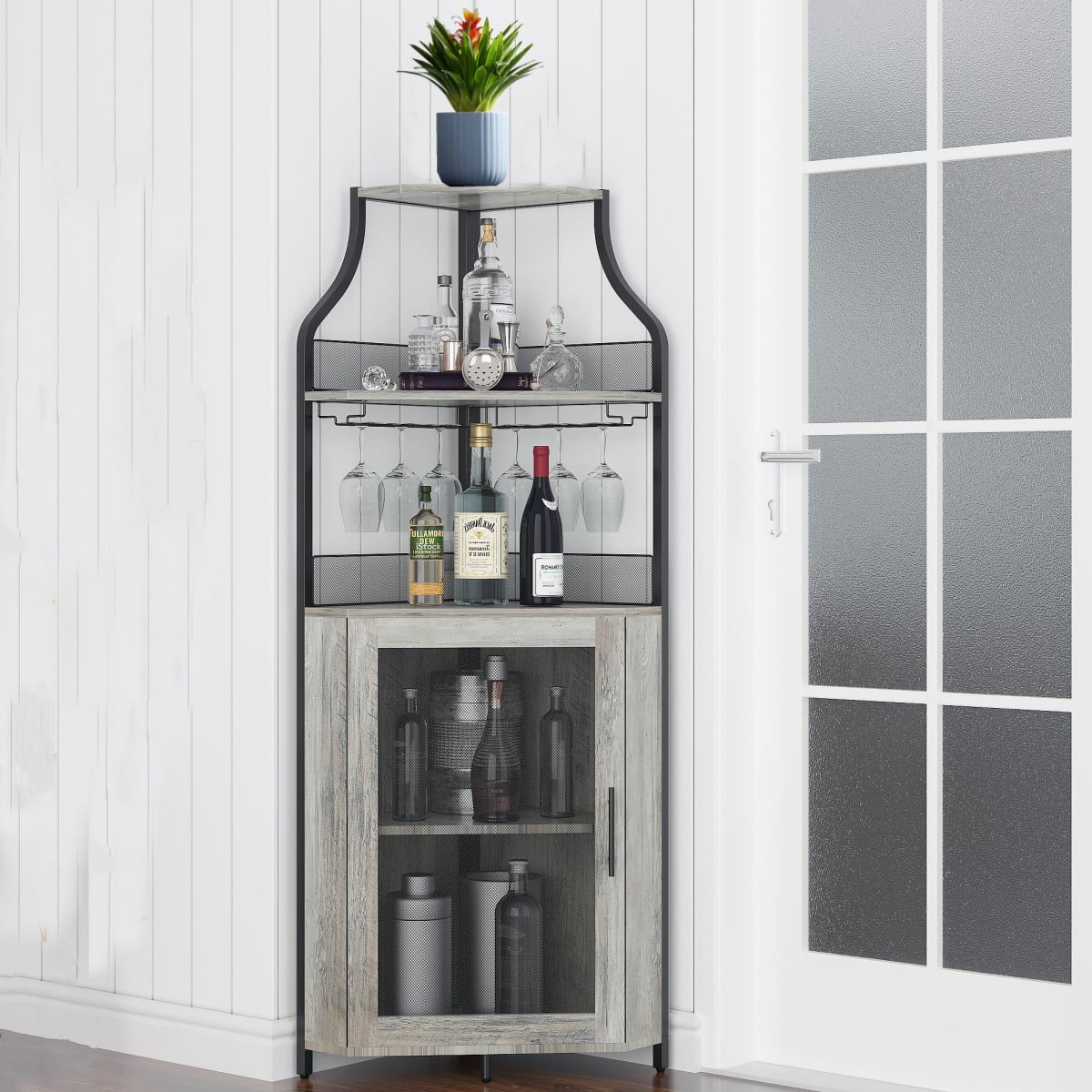 Zzistar Rustic Corner Bar & Wine Cabinet with Removable Glass Shelves ...