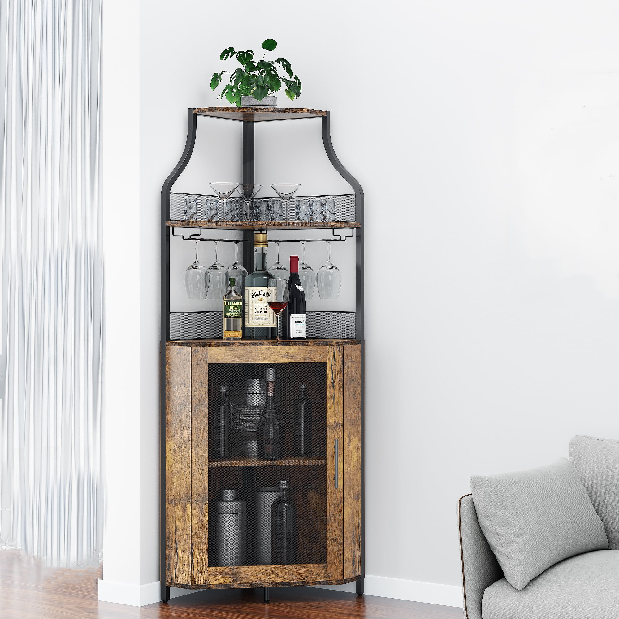 Zzistar Rustic Wood Corner Bar Cabinet, Liquor Storage, Tall Wine Rack ...