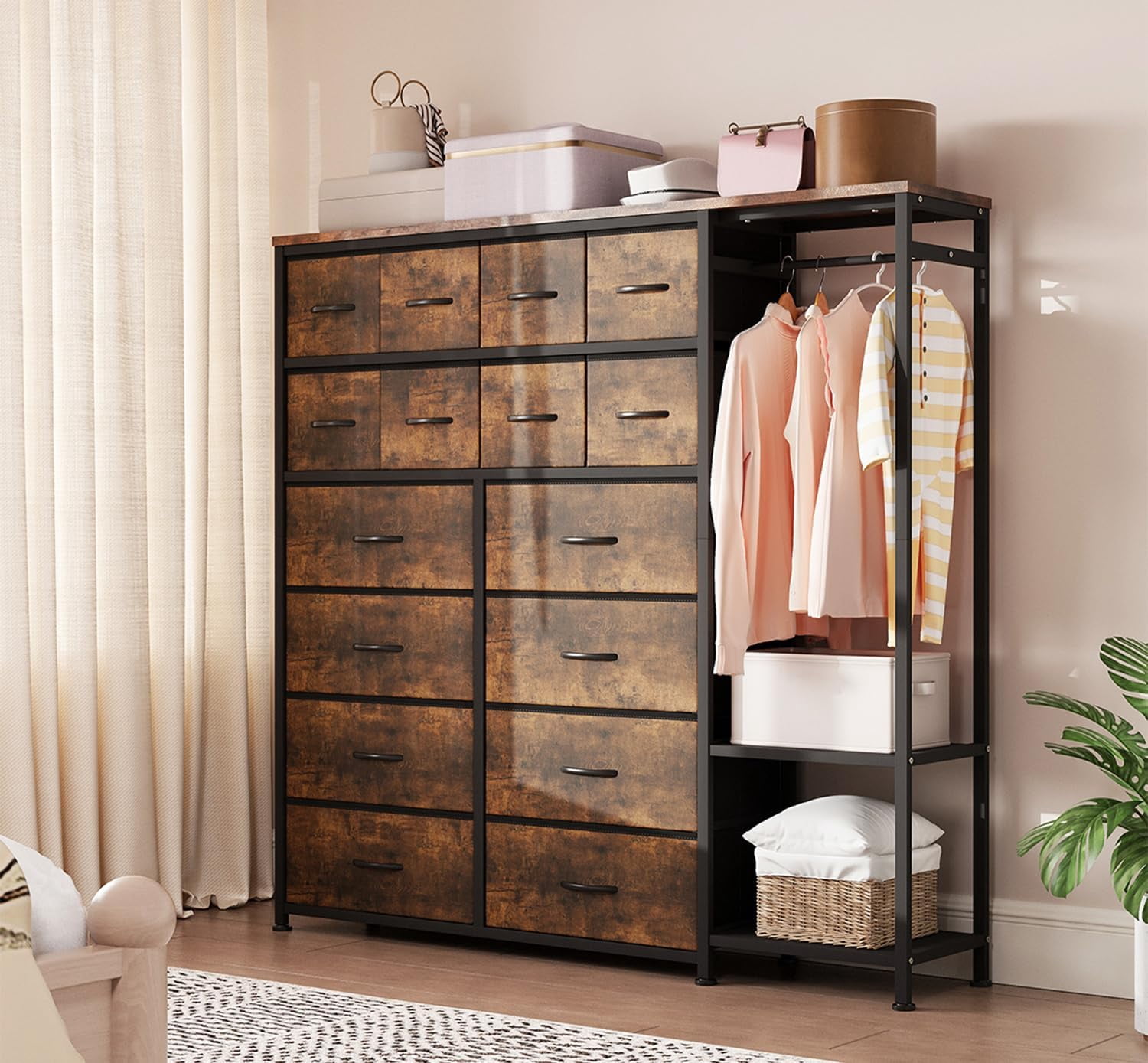Zzistar Dresser with 16 Drawers & Hanging Rod & Shelves, Fabric Storage ...