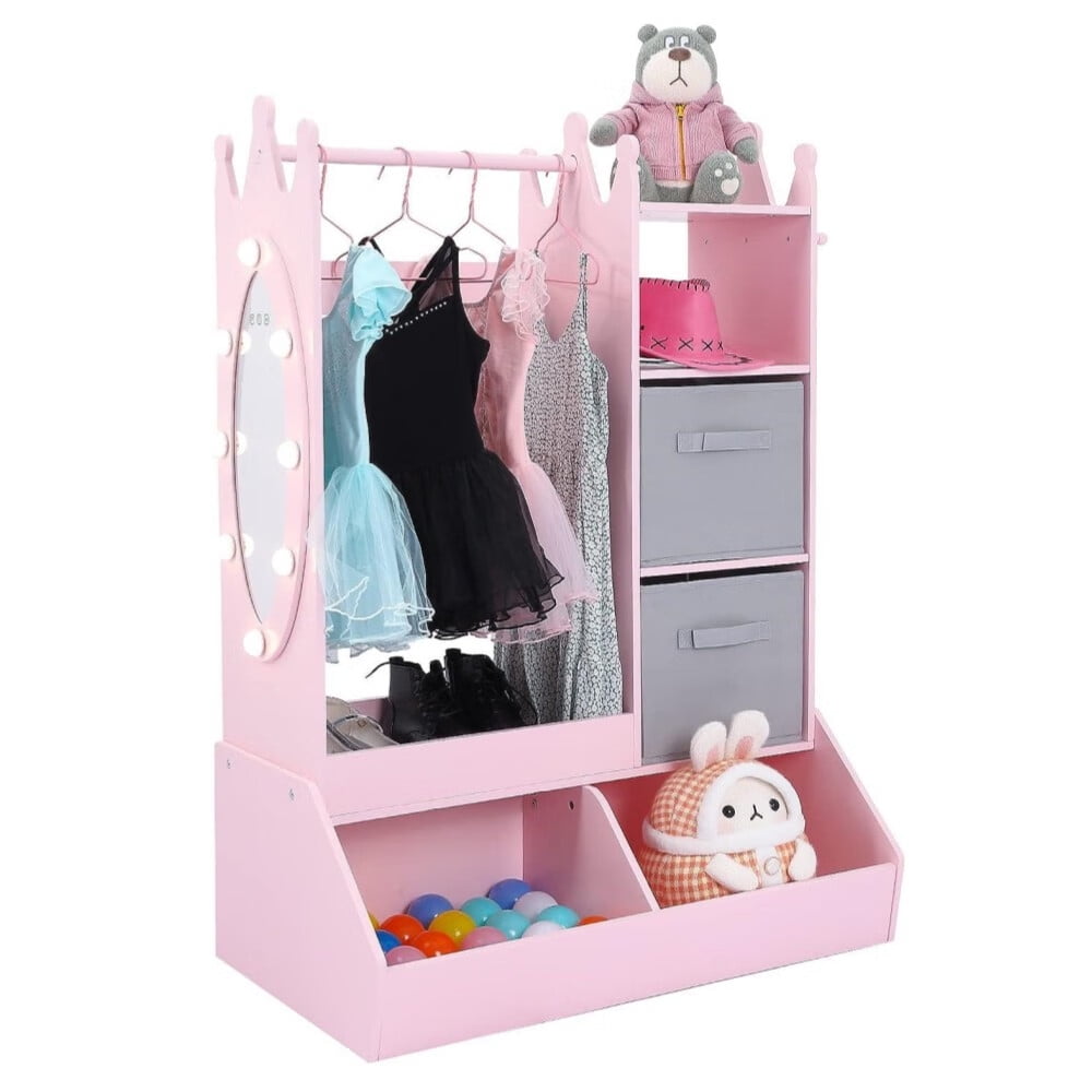 Zzistar Kids Dress up Storage Rack with Mirror & Light, Kids Armoire ...