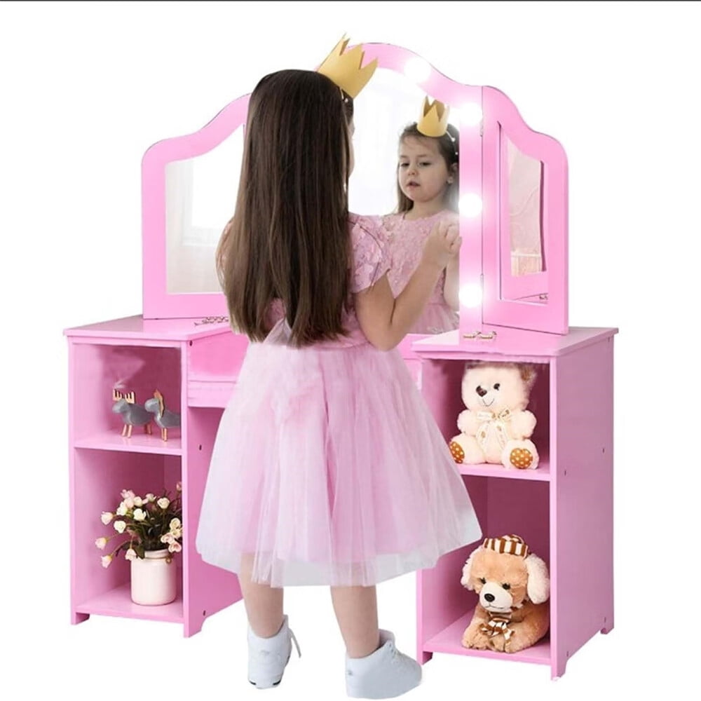 Zzistar Kids Vanity Table Chair Set with Touch Light and Detachable Tri ...