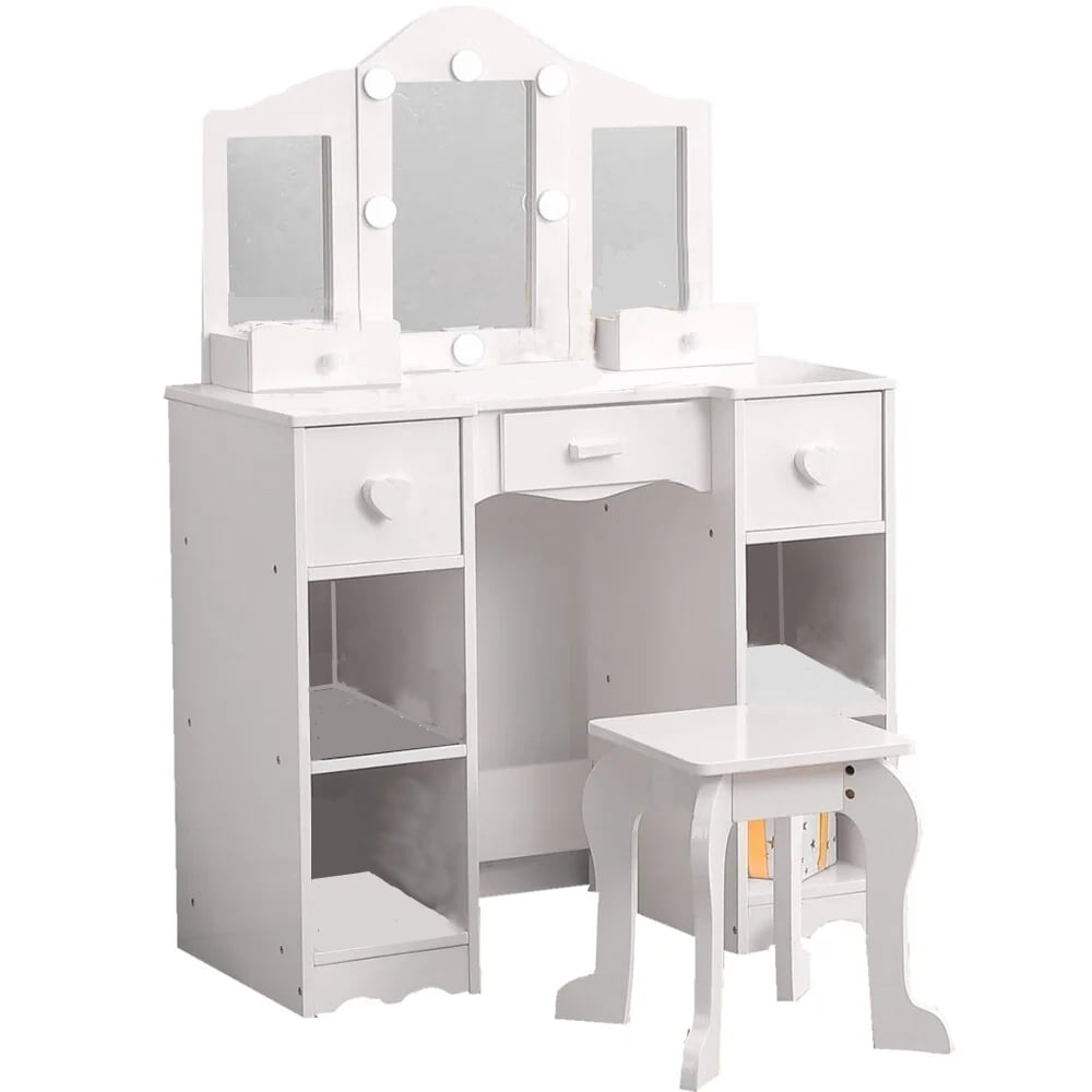 Zzistar Kids Vanity Set with Light, Tri-fold Mirror, Storage and ...