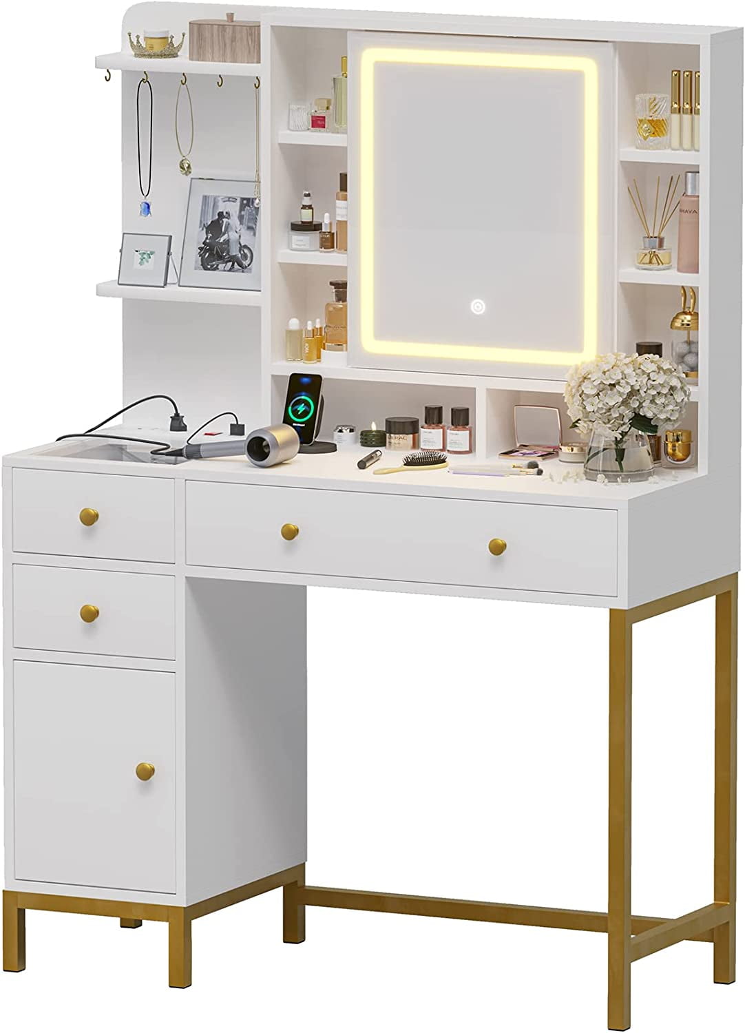 Zzistar Makeup Vanity with Openable Mirror and Charging Station, Vanity ...