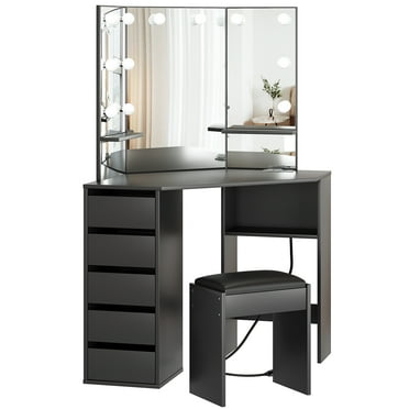 Elegant Black Corner Makeup Station With Stool And LED Lights - Walmart.com