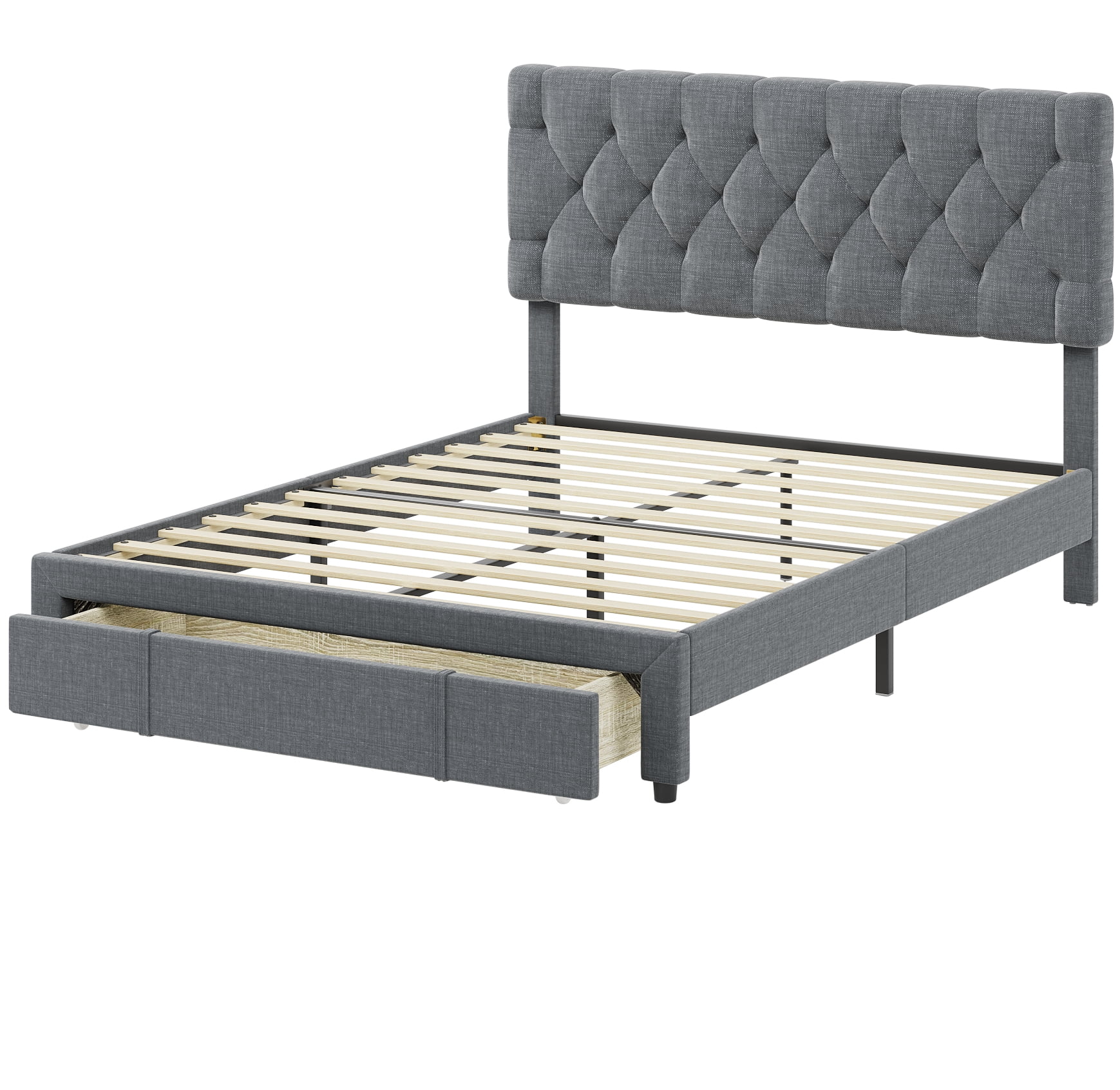 Zzistar Wood Bed Frame with 2 Storage Drawers, Upholstered Platform Bed ...