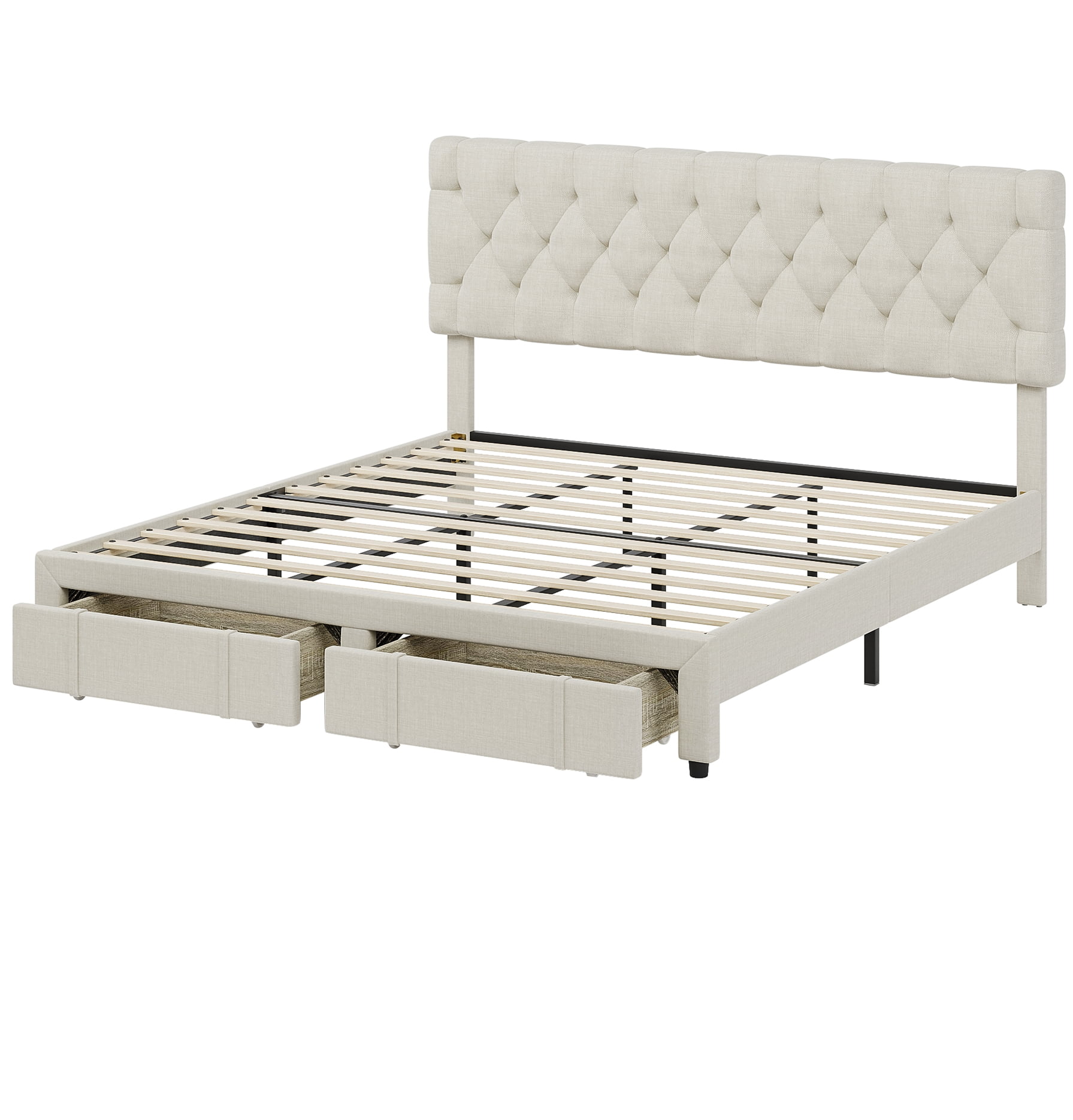 Zzistar Wood Bed Frame with 2 Storage Drawers, Upholstered Platform Bed ...