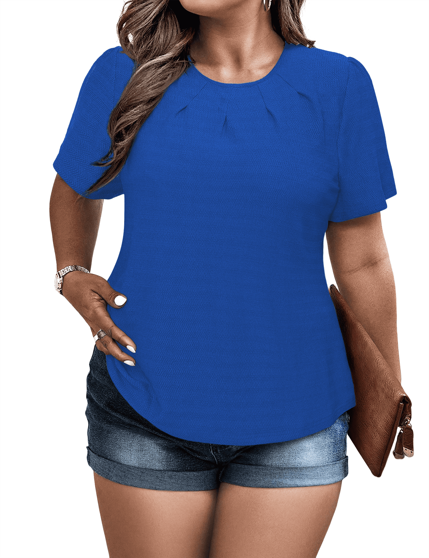 a.Jesdani Women Plus size top Round Neck Stretchy Textured Pleated T-Shirt for Curvy Women M-4X ...