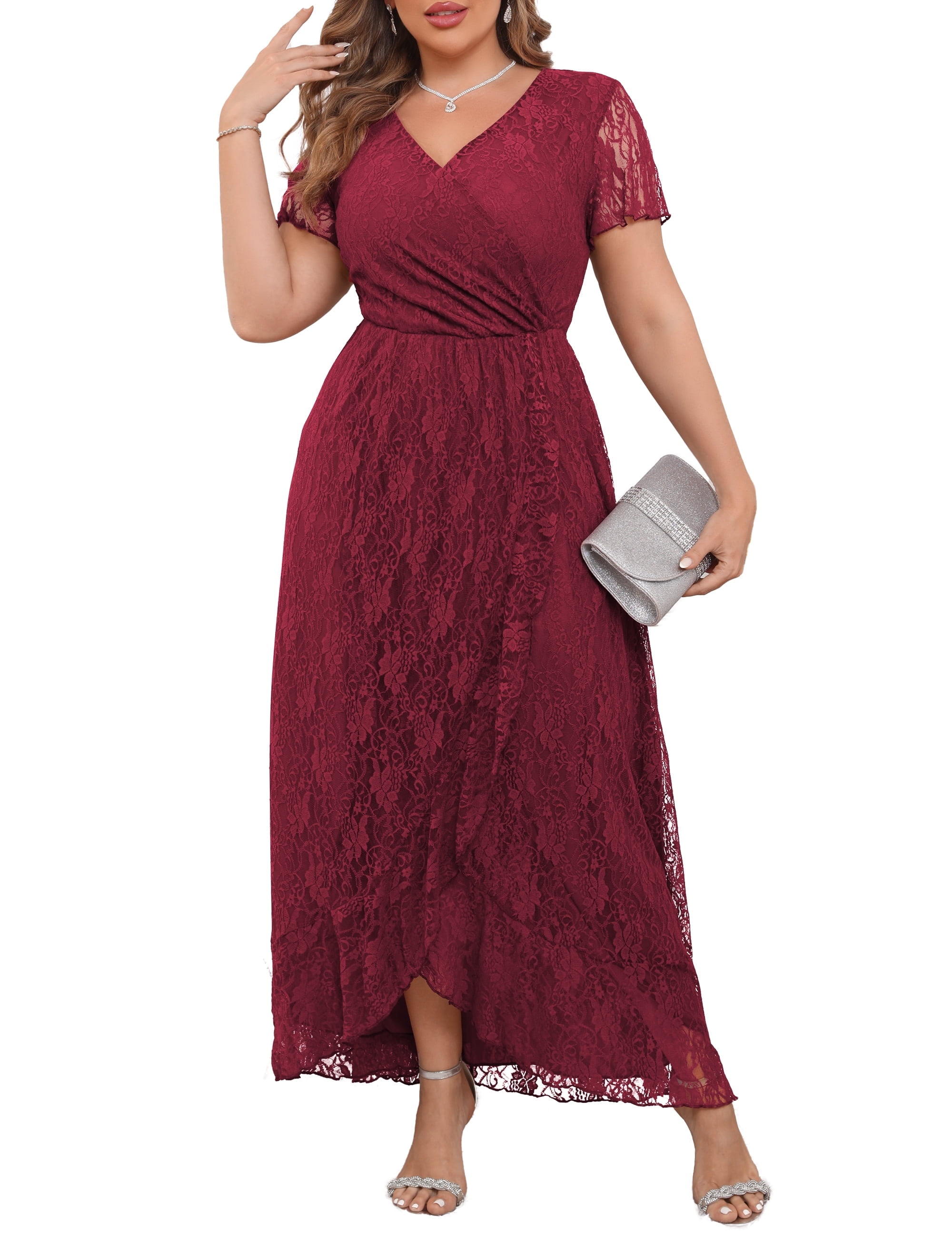 a.Jesdani Women's Plus Size Formal Dresses Lace V Neck Ruffles Sleeves ...