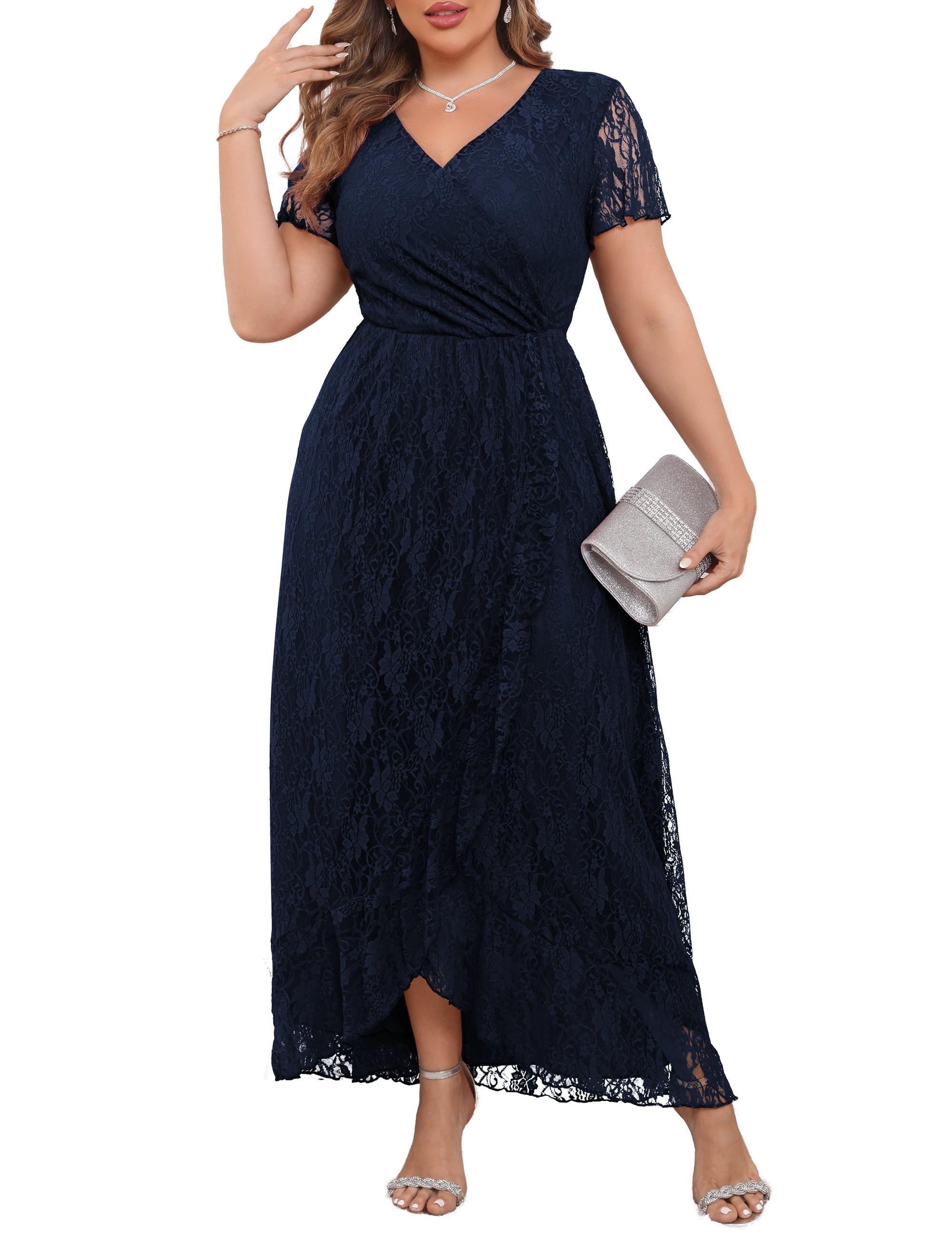 a.Jesdani Women's Plus Size Formal Dresses Lace V Neck Ruffles Sleeves ...