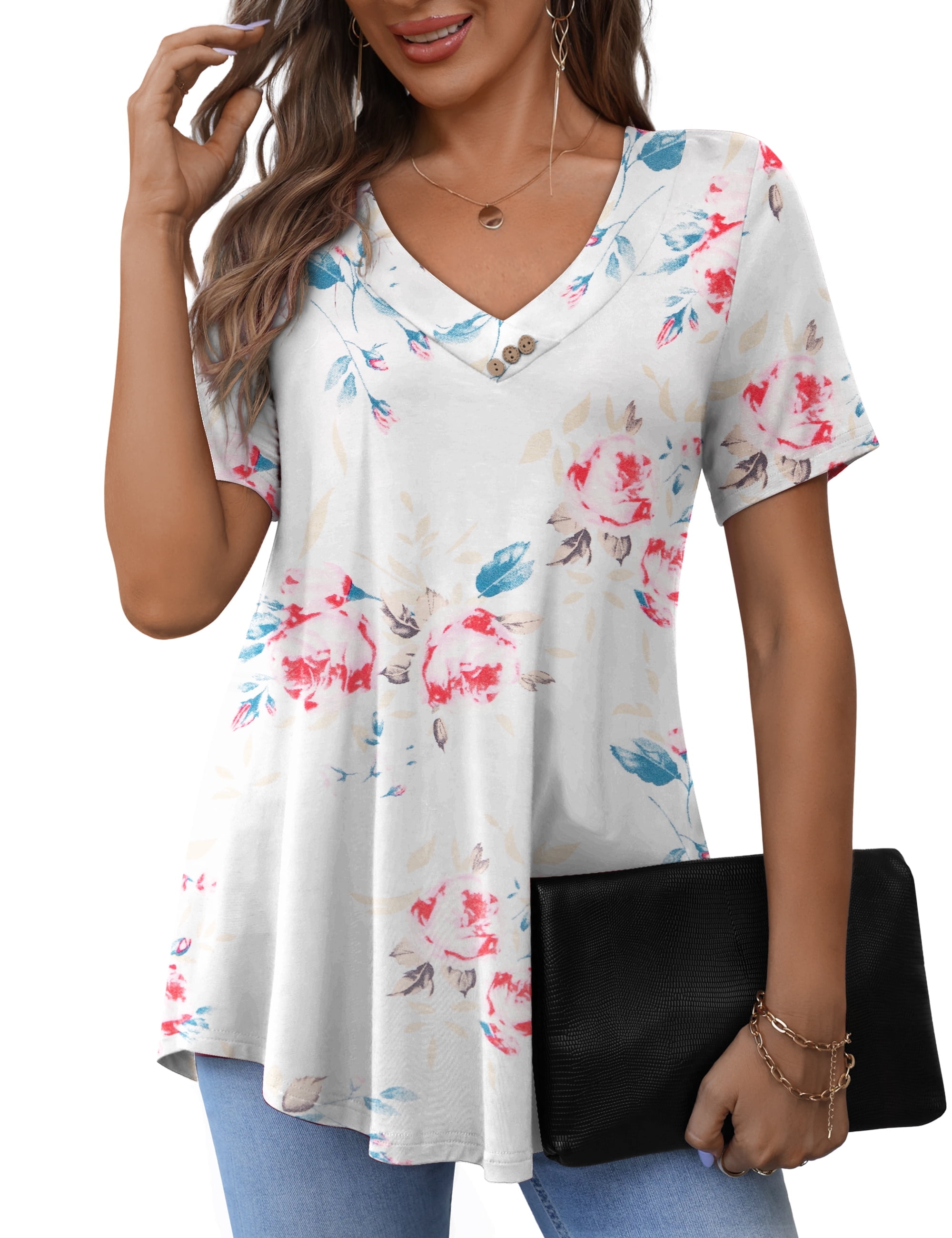 a.Jesdani Women's Plus Size Short Sleeve Henley Shirt V Neck Floral ...
