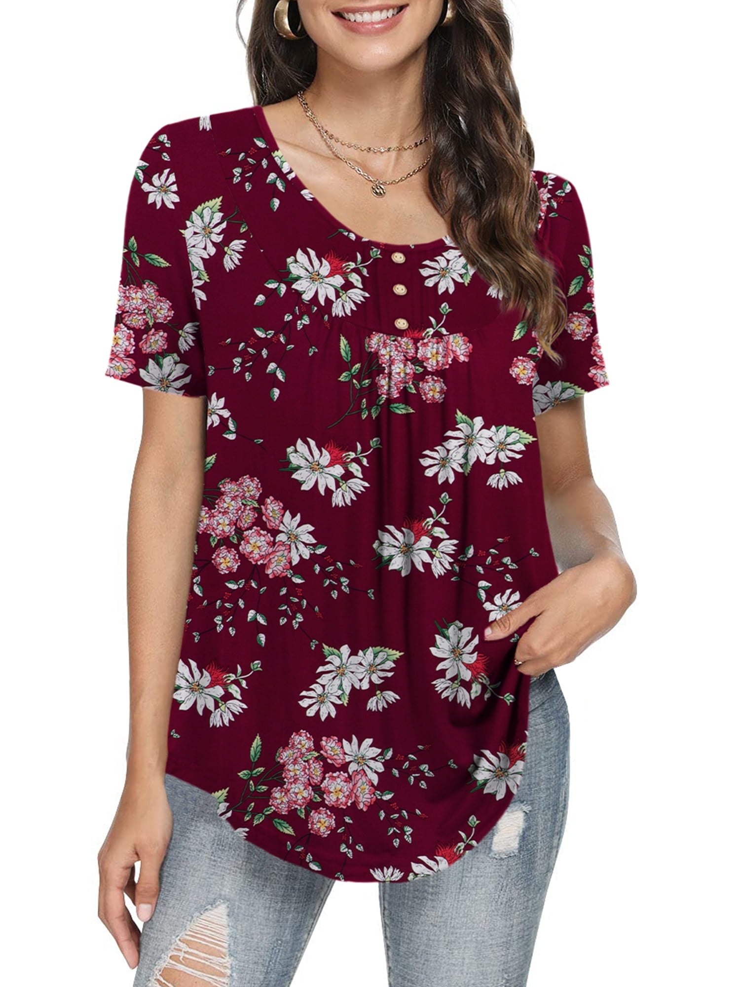 a.Jesdani Elegant Women's Plus Size Floral Tunic Tops, Short Sleeve ...