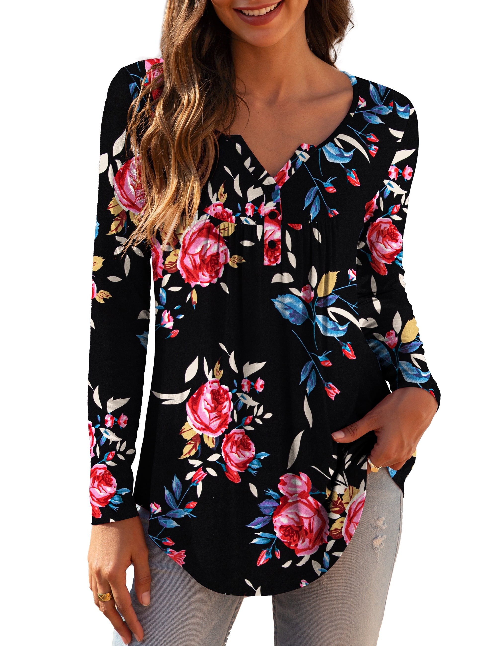 a.Jesdani Trendy Women's Plus Size Long Sleeve V Neck Tunic Tops Casual ...