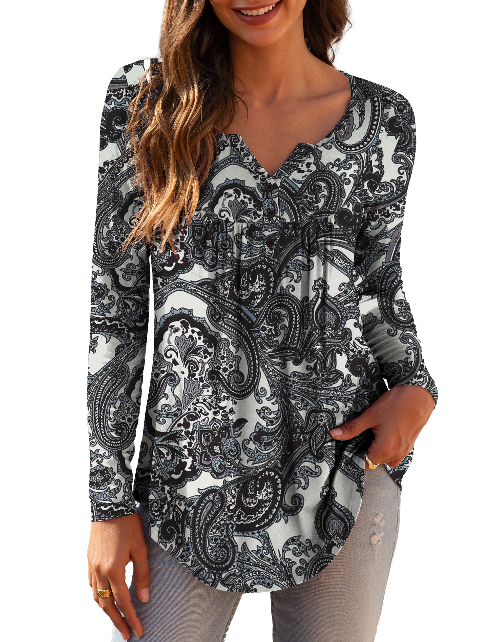 STARVNC Women Long Sleeve Boho Printing Colorblock Splice Tunic Top ...