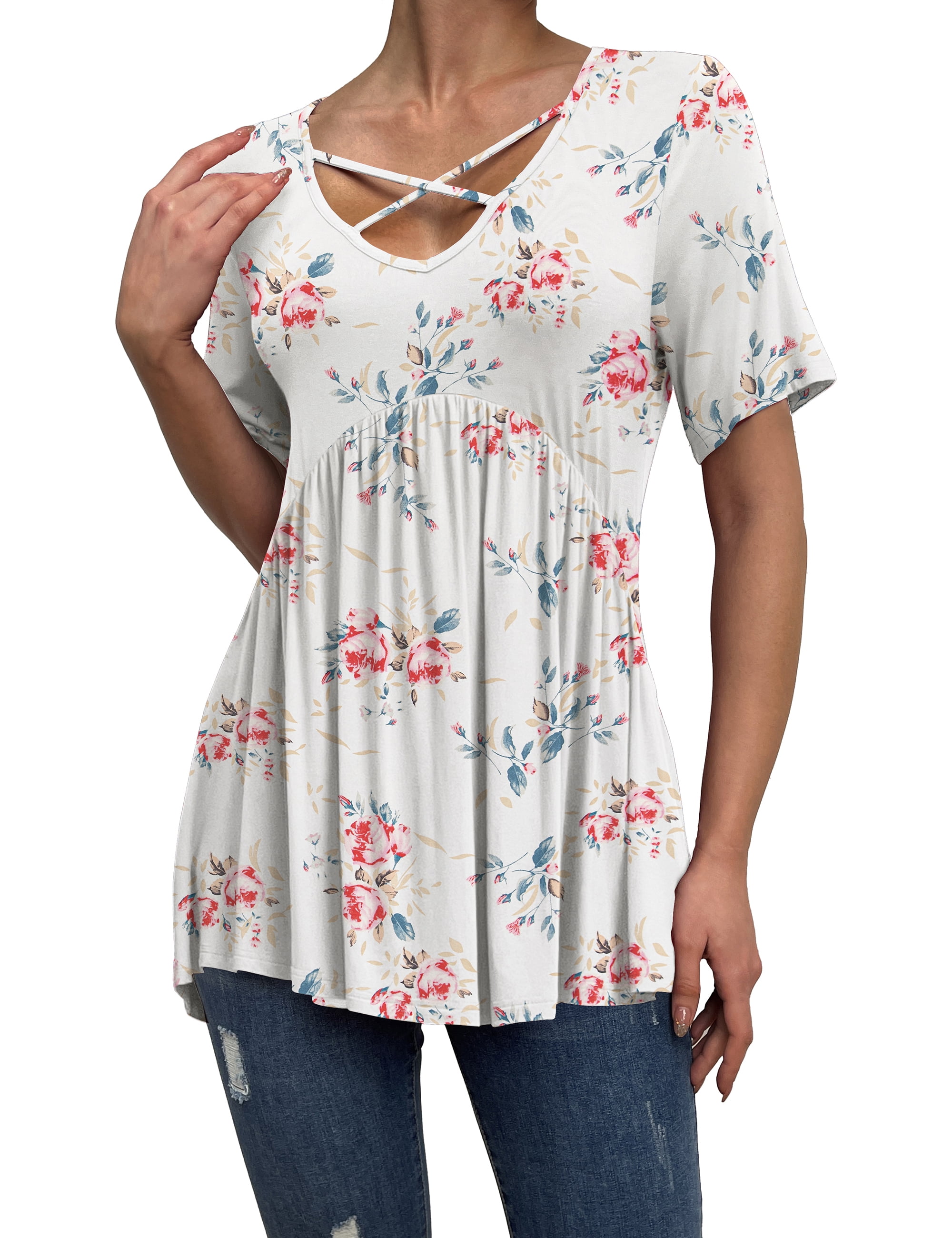 a.Jesdani Womens Plus Size Tops Short Sleeve Casual V Neck Criss Cross ...