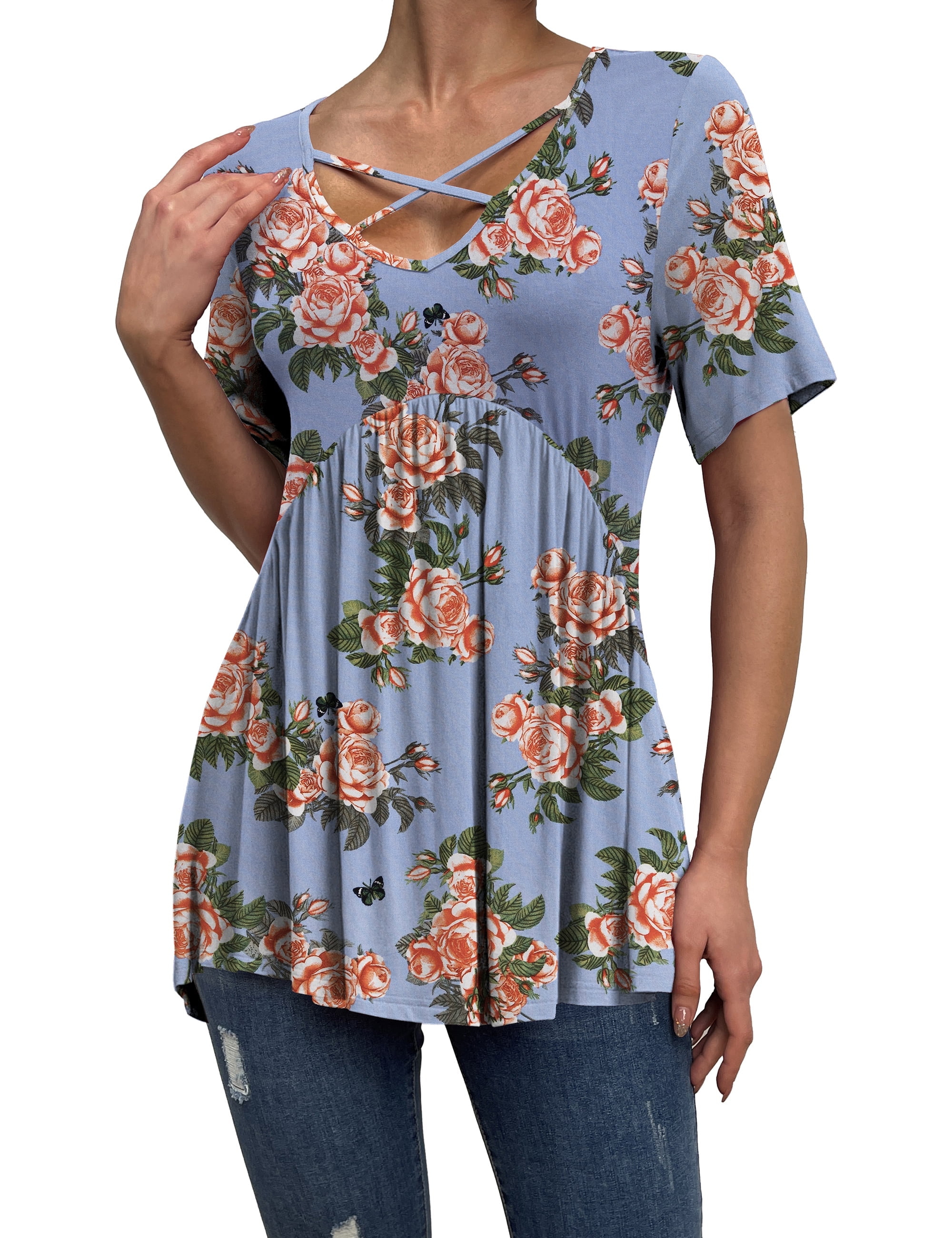 a.Jesdani Womens Plus Size Tops Short Sleeve Casual V Neck Criss Cross ...