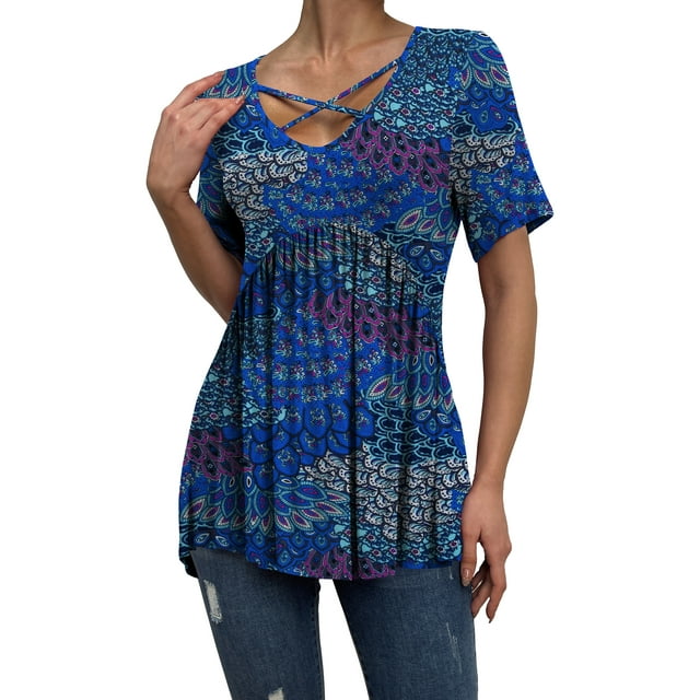 a.Jesdani Womens Plus Size Tops Short Sleeve Casual V Neck Criss Cross ...