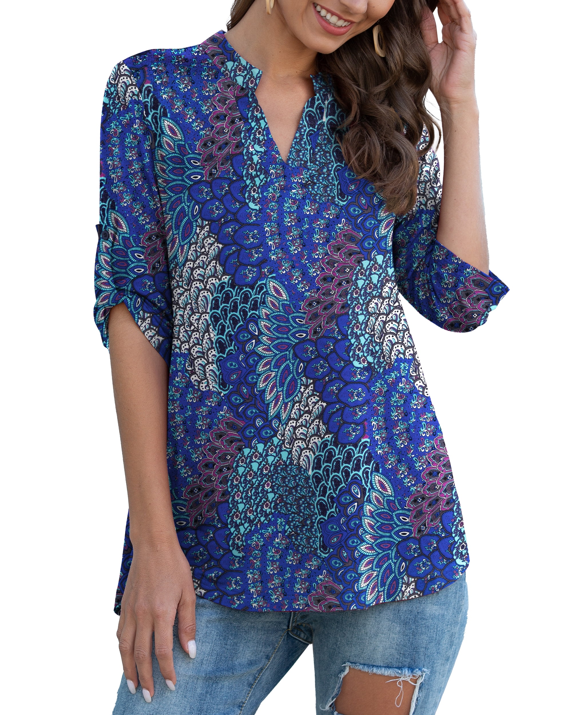 a.Jesdani Womens Plus Size Tunic Tops 3/4 Roll Sleeve V Neck Casual ...