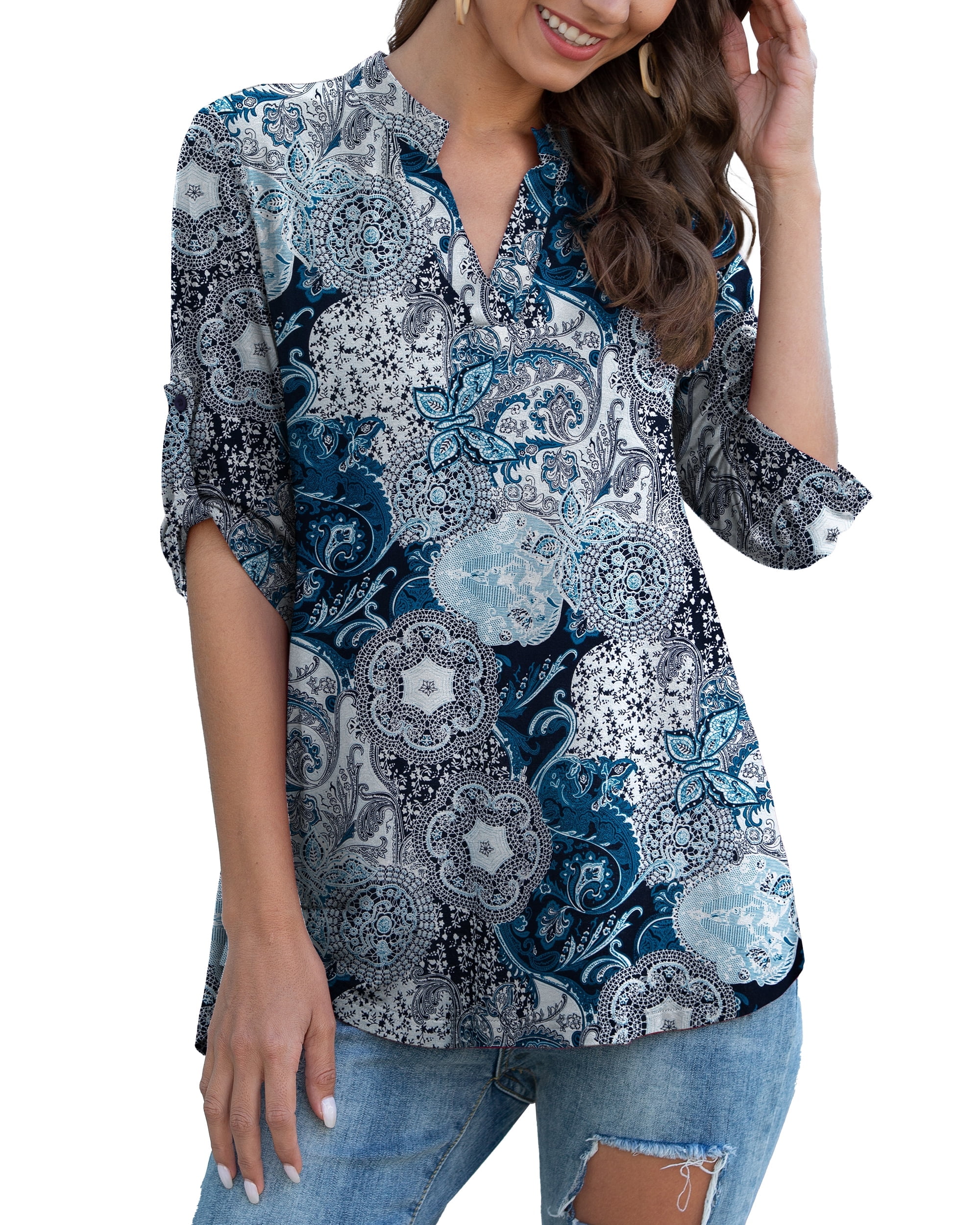 a.Jesdani Womens Plus Size Tunic Tops 3/4 Roll Sleeve V Neck Casual ...