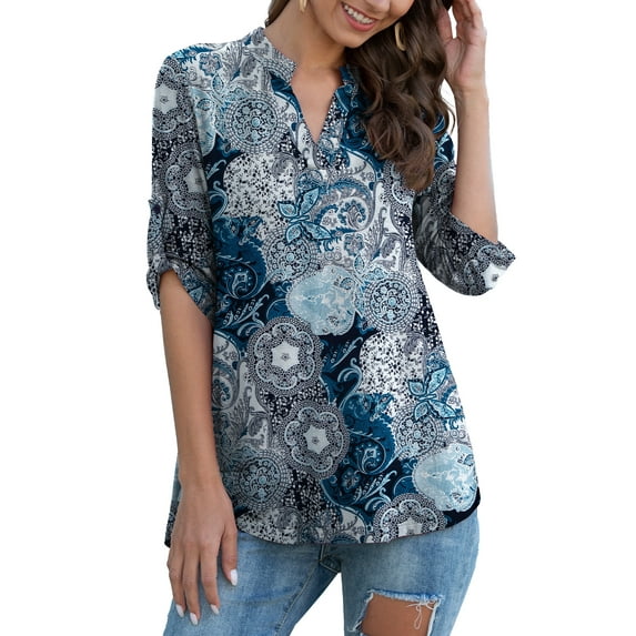 a.Jesdani Womens Plus Size Tunic Tops 3/4 Roll Sleeve V Neck Casual ...