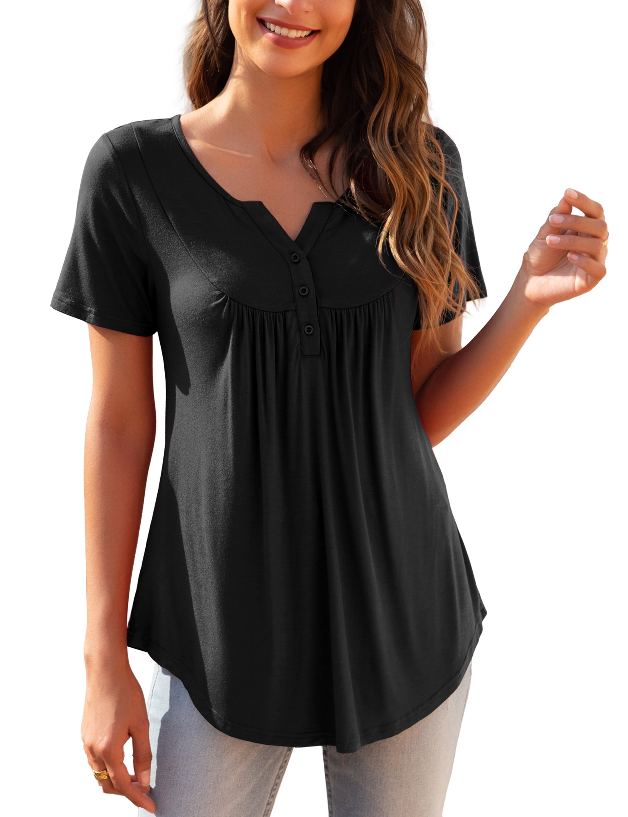 Folunsi Womens Plus Size Tunic Tops Short Sleeve Casual Floral Henley