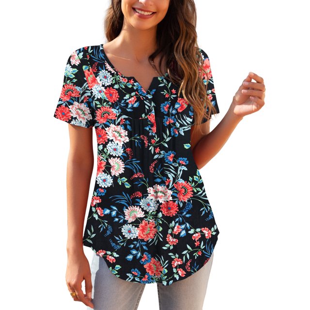 a.Jesdani Women's Plus Size Floral Tunic Tops Short Sleeve V Neck ...