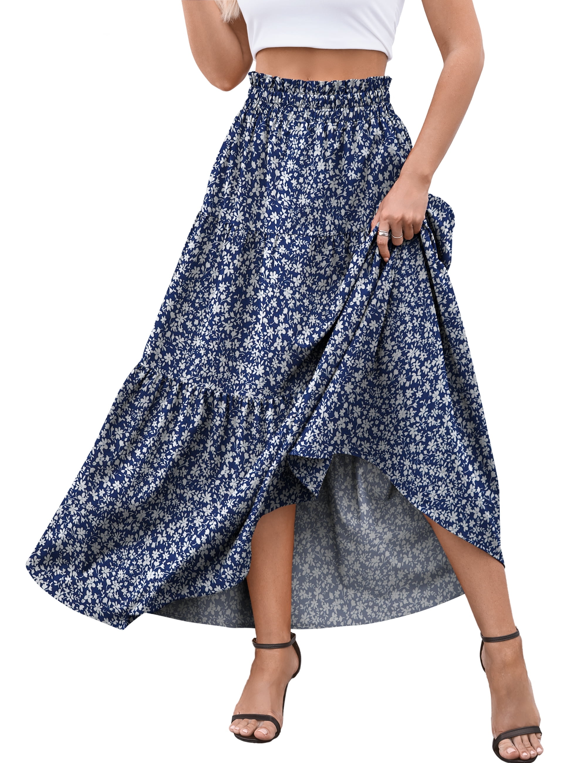 a.Jesdani Womens Maxi Skirts Casual Elastic High Waist Swing Tiered ...